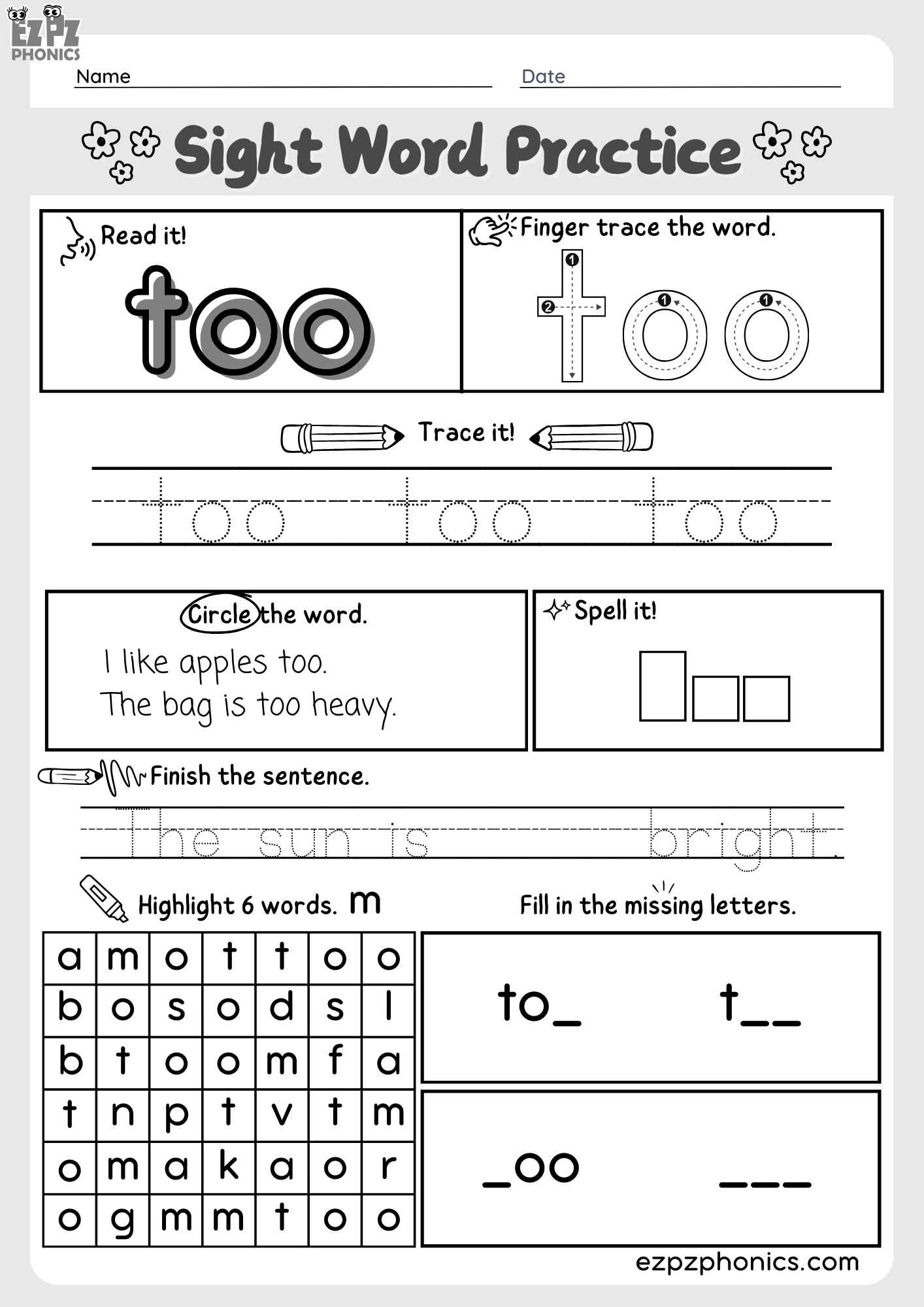 Dolch Kindergarten Sight Word "Too" – Fun and Interactive PDF Worksheet ...