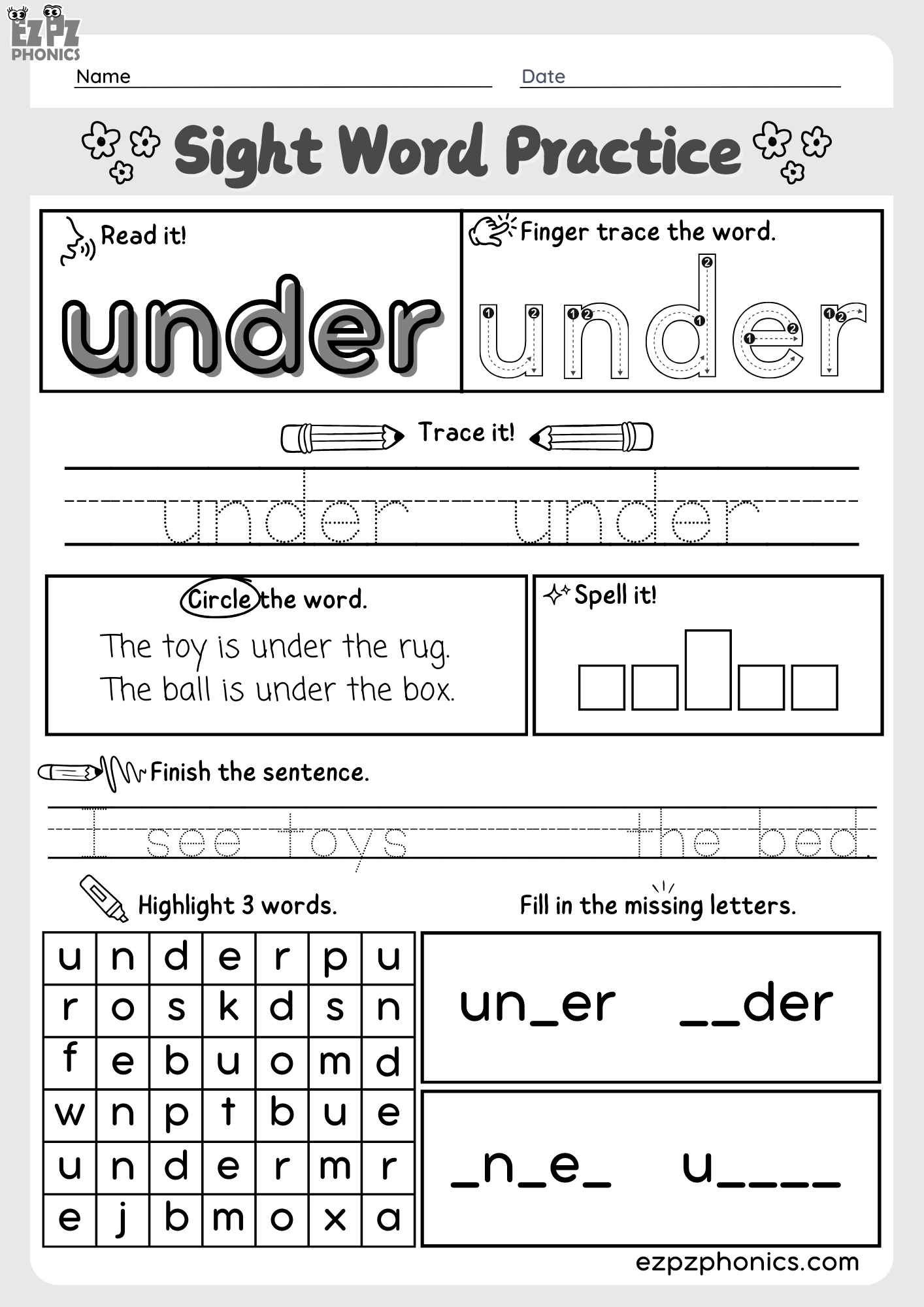 Dolch Kindergarten Sight Word "Under" – Fun and Interactive PDF ...