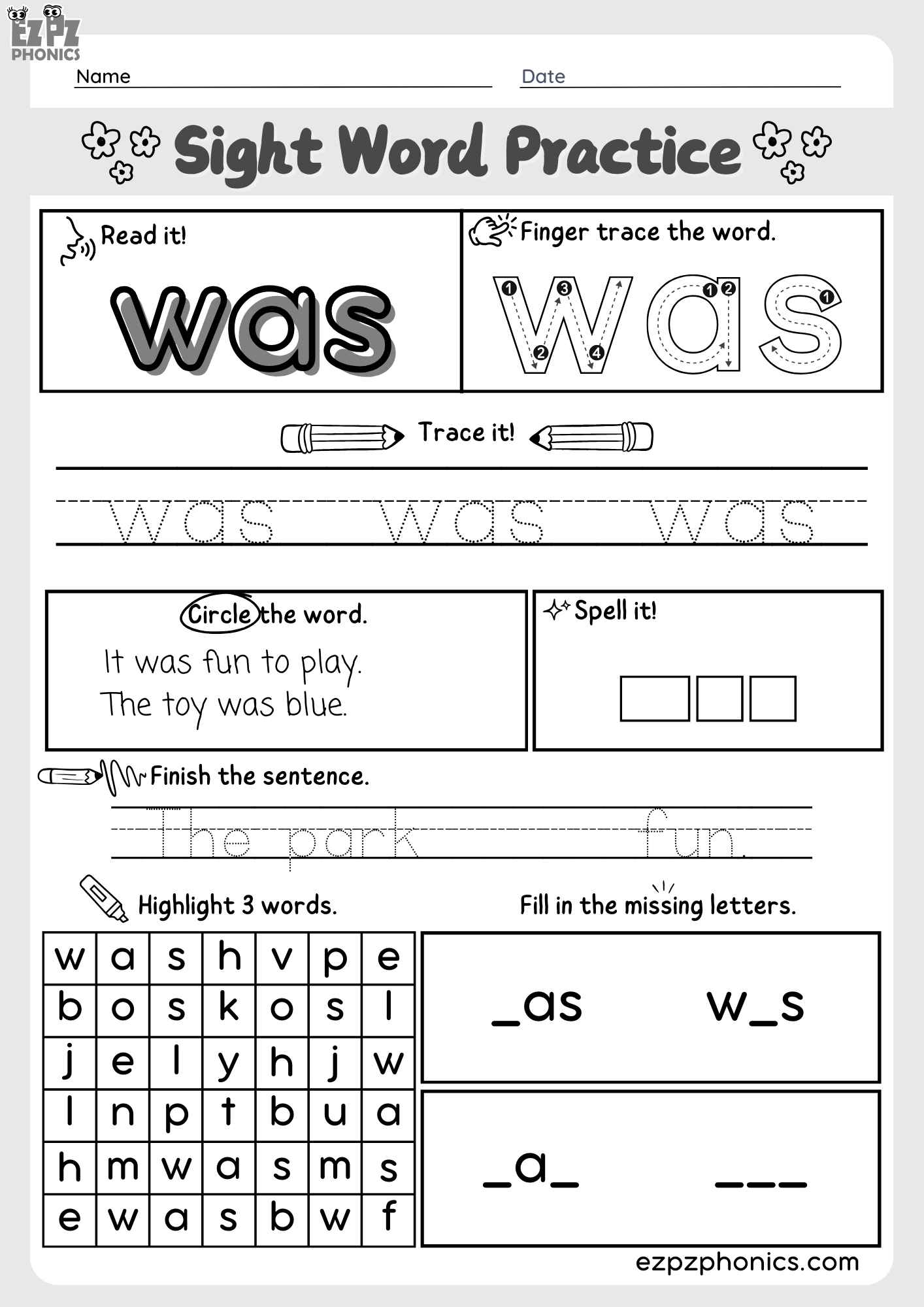 Dolch Kindergarten Sight Word "Was" – Fun and Interactive PDF Worksheet ...