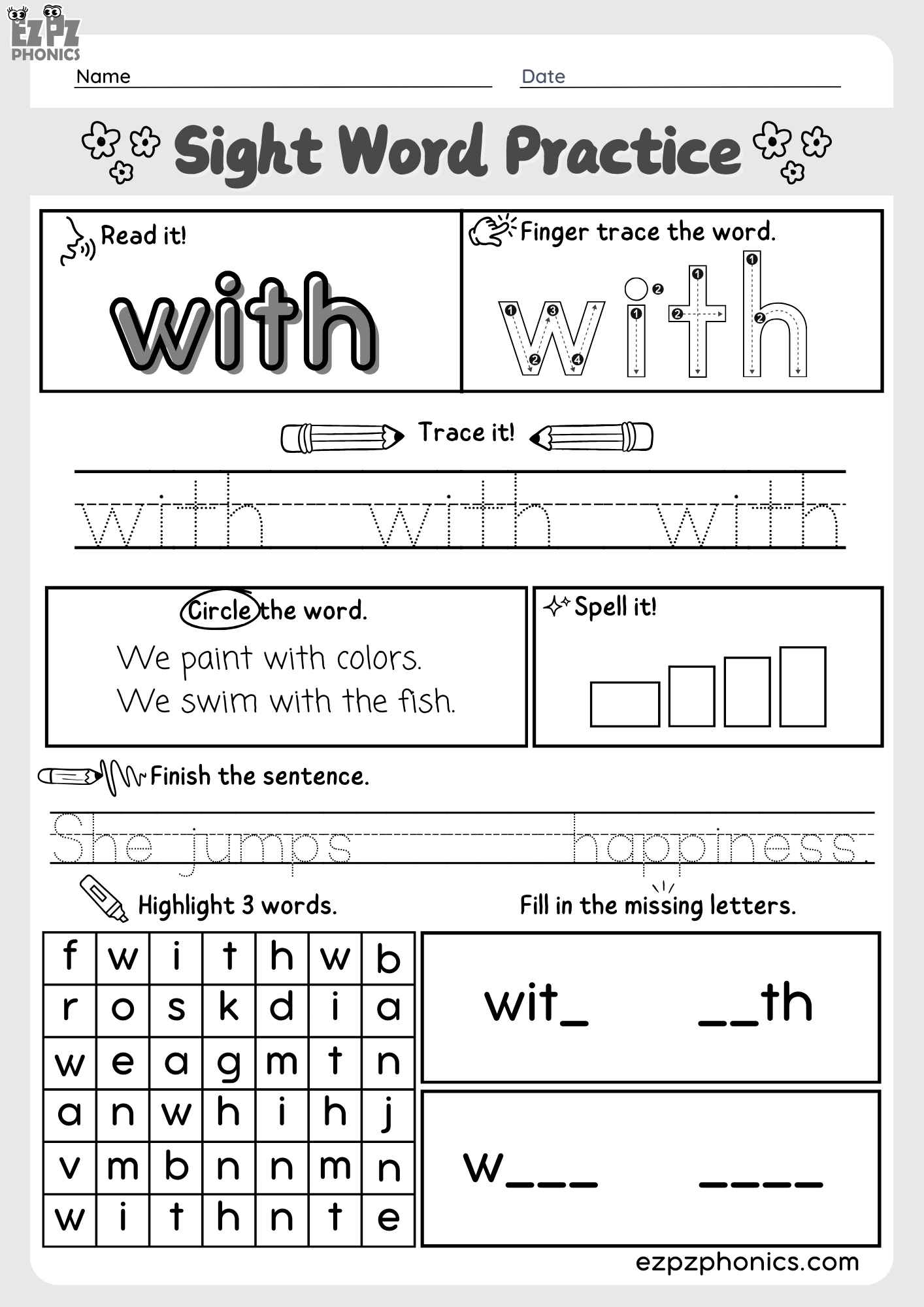 Dolch Kindergarten Sight Word "With" – Fun and Interactive PDF ...