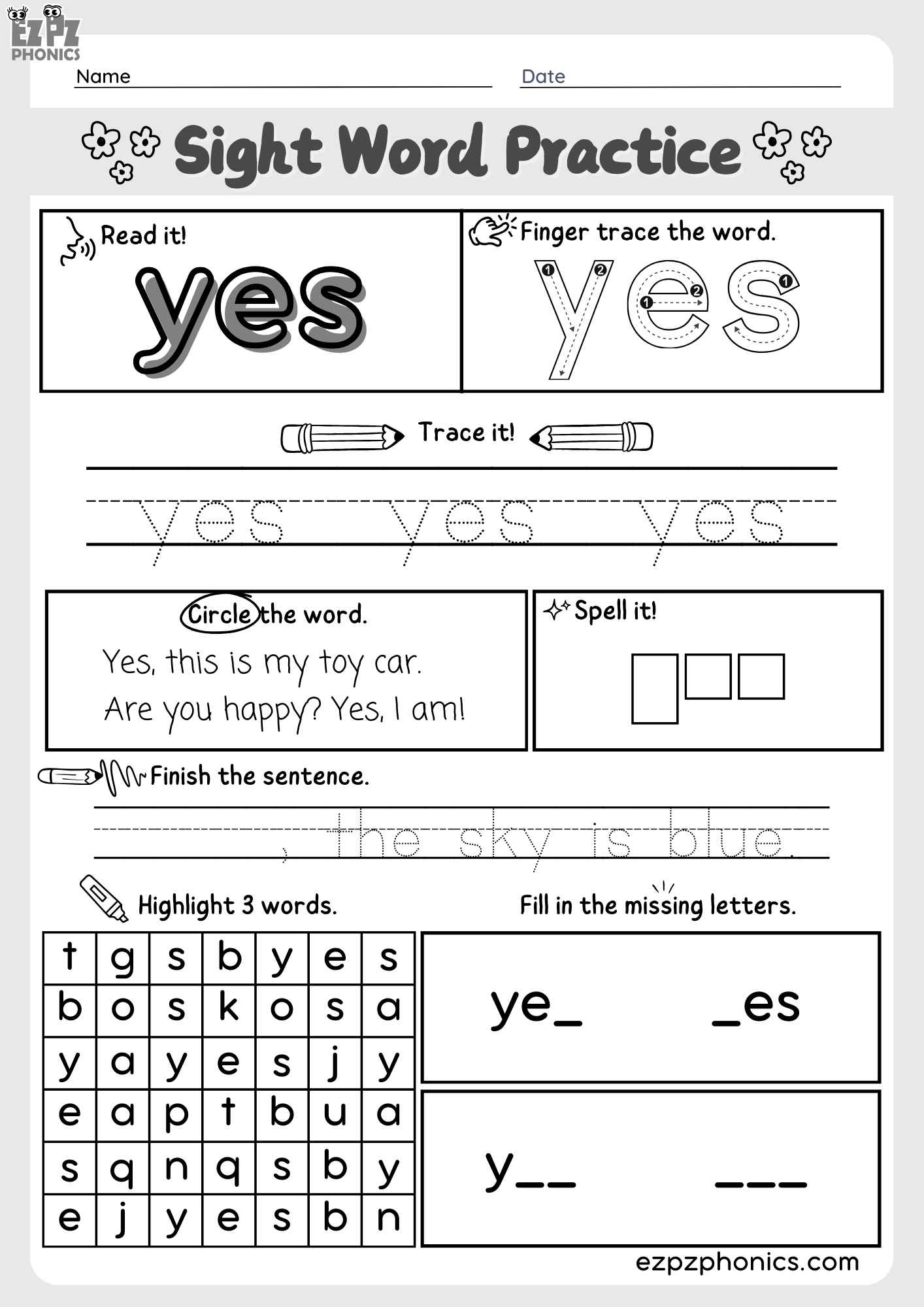 Dolch Kindergarten Sight Word "Yes" – Fun and Interactive PDF Worksheet ...