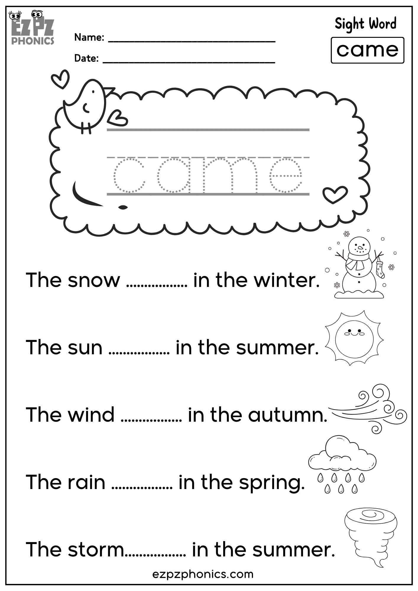 “Came” Sight Word Sentences – Fun Dolch Sight Words Practice for ...