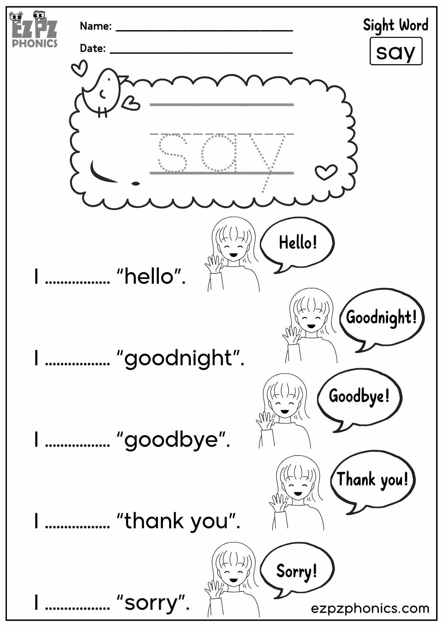 Sight Word Worksheet: "Say" – Fun Activity for Kindergarten & First ...