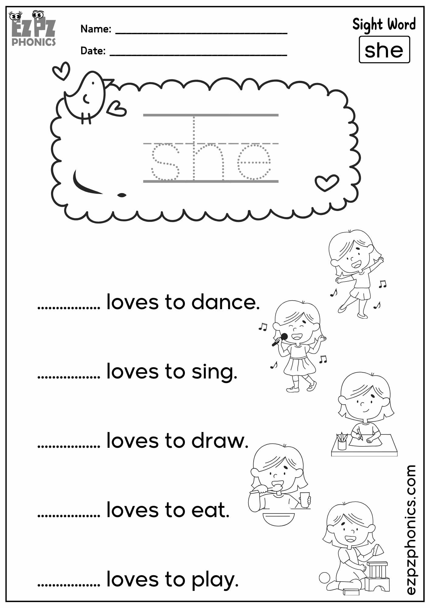 Sight Word Worksheet: "She" – Fun Activity for Kindergarten & First ...
