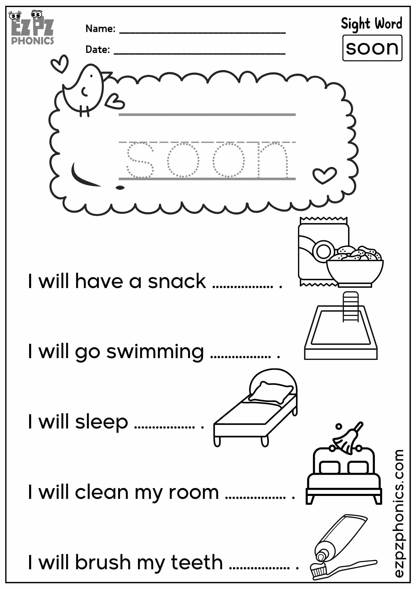 Sight Word Worksheet: "Soon" – Fun Activity for Kindergarten & First ...