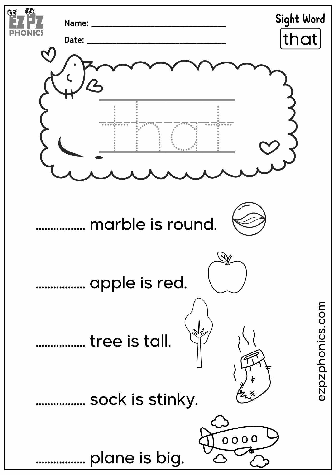 Sight Word Worksheet: "That" – Fun Activity for Kindergarten & First ...