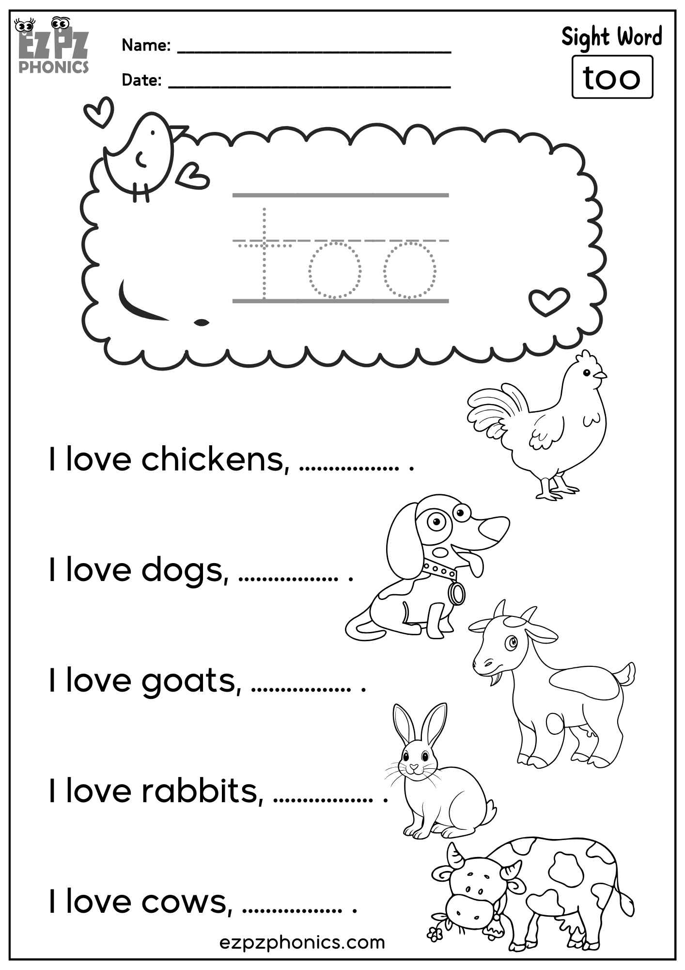 Sight Word Worksheet: "Too" – Fun High-Frequency Word Practice for ...