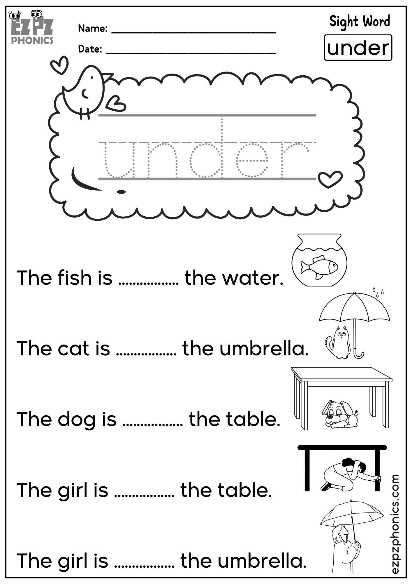 Sight Word Worksheet: "Under" – Fun High-Frequency Word Practice for ...