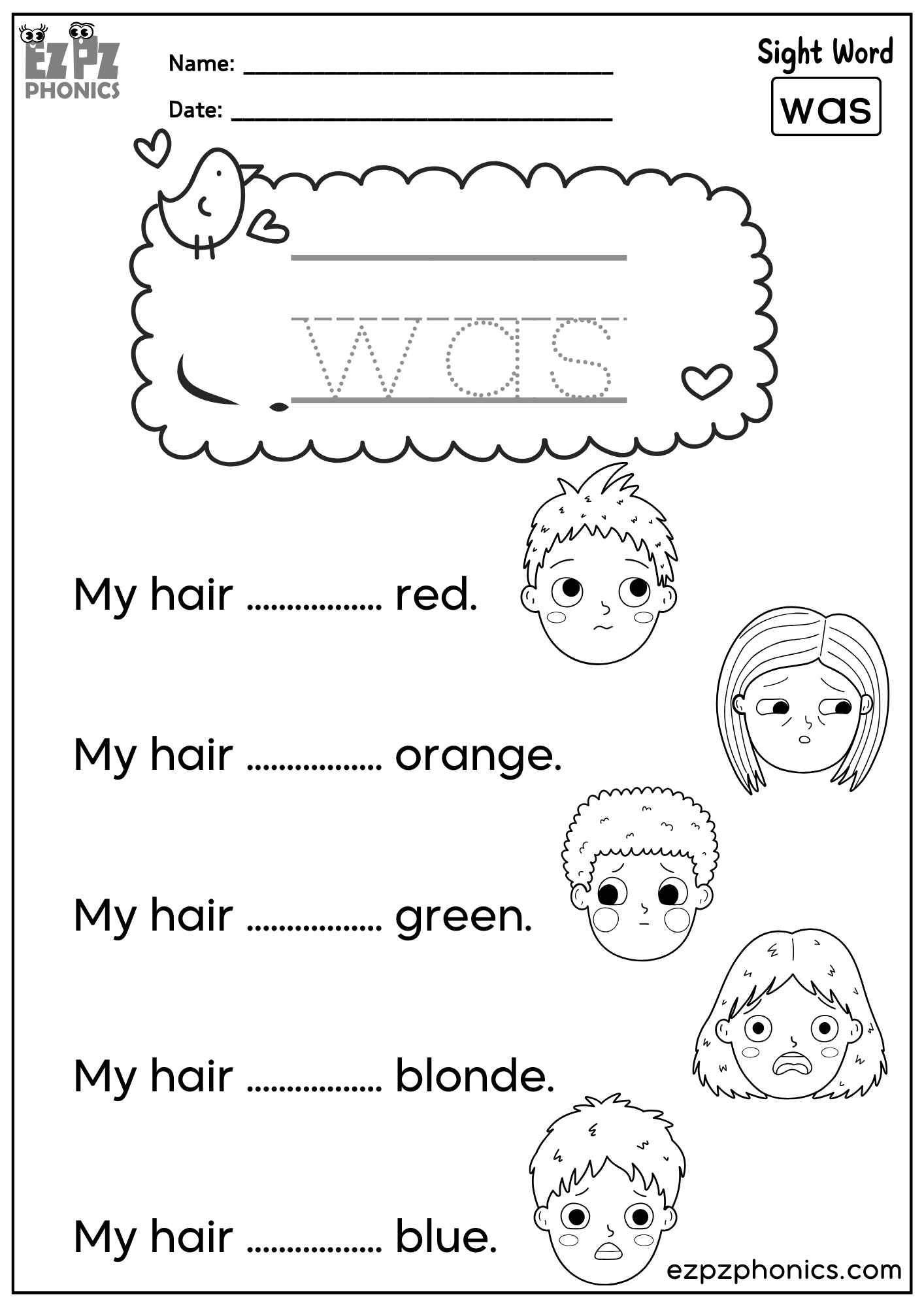 Sight Word Worksheet: "Was" – Fun High-Frequency Word Practice for ...