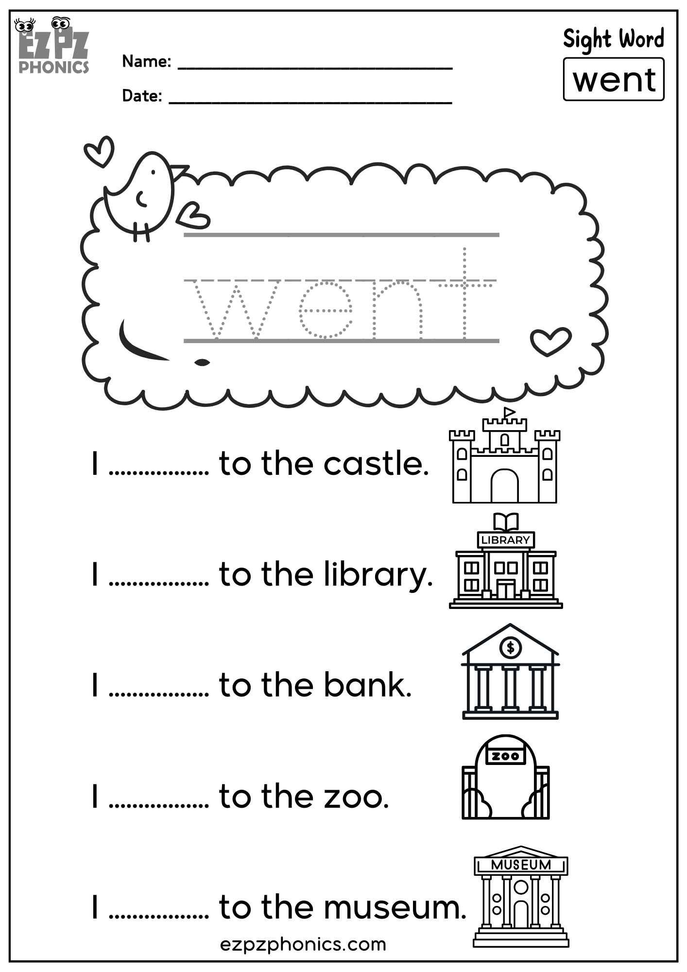 Sight Word Worksheet: "Went" – Fun High-Frequency Word Practice for ...