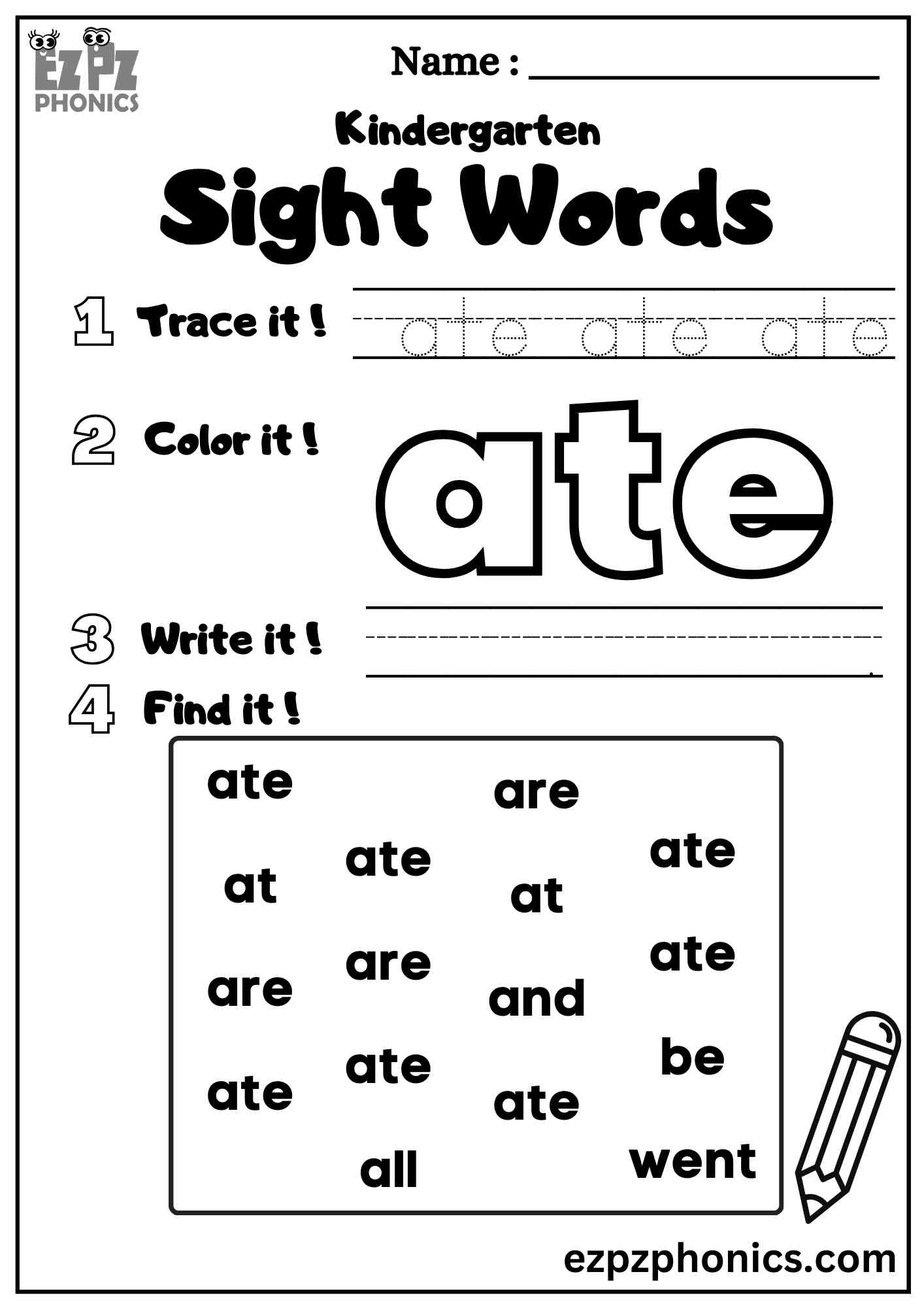 "Ate" Dolch Kindergarten Sight Word Trace, Color and Write Worksheet ...