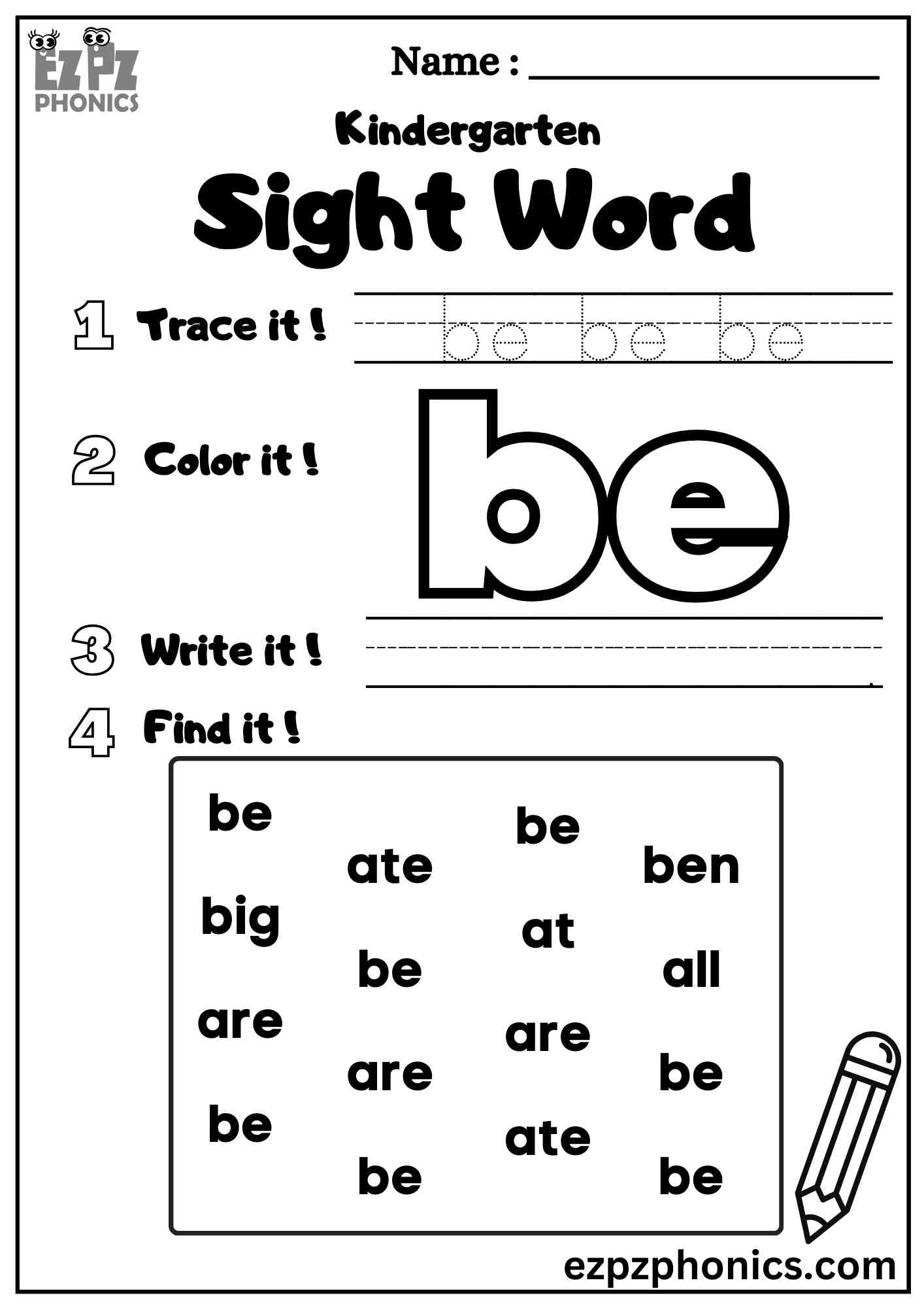 "Be" Dolch Kindergarten Sight Word Trace, Color and Write Worksheet ...