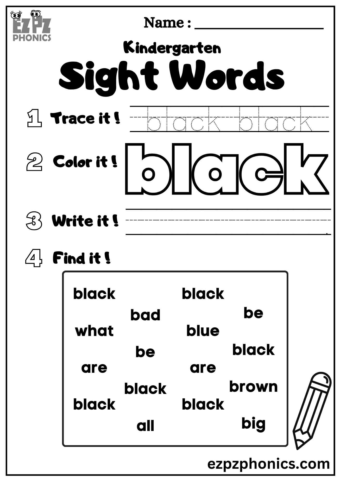 "Black" Dolch Kindergarten Sight Word Trace, Color and Write Worksheet ...