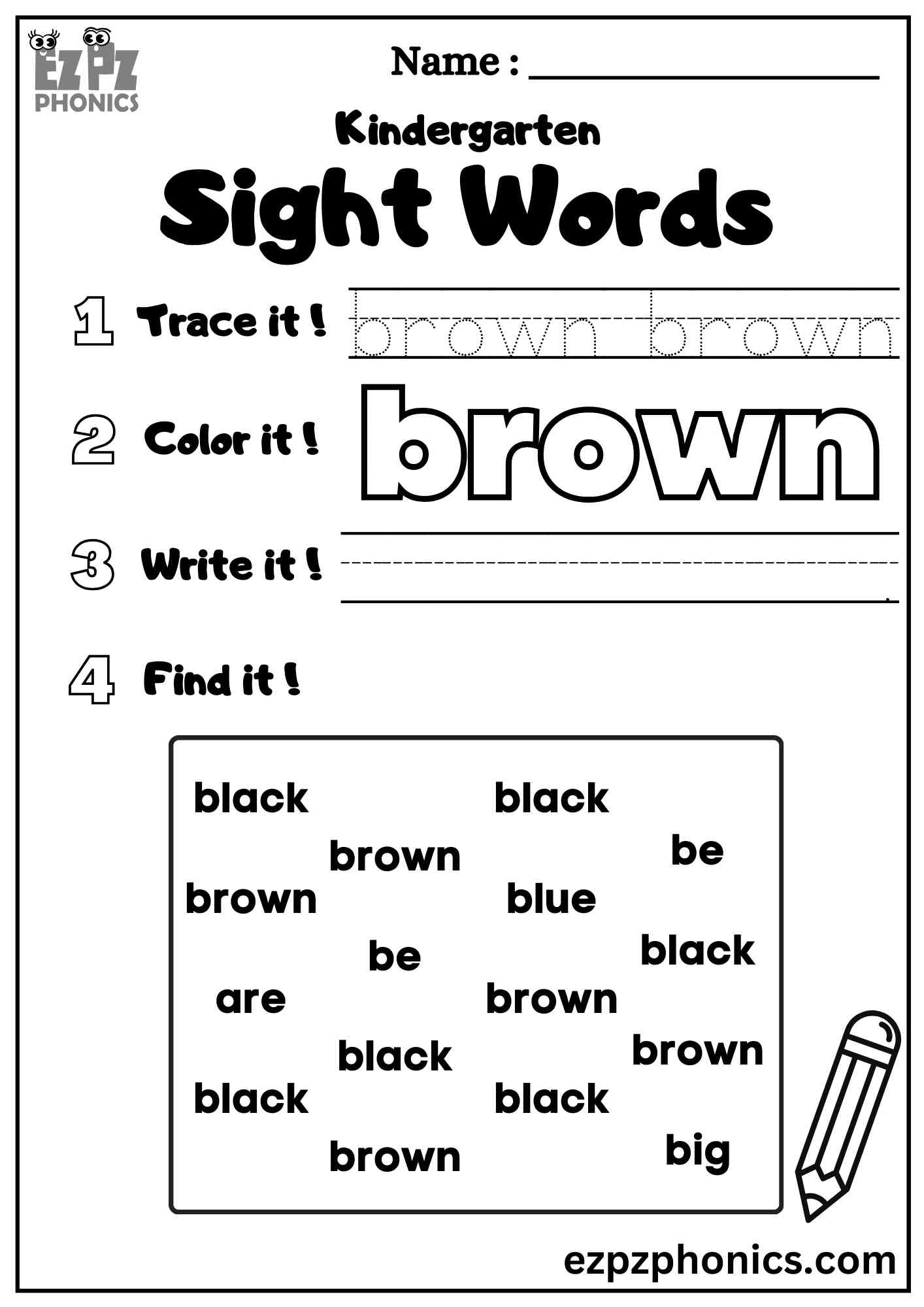 "Brown" Dolch Kindergarten Sight Word Trace, Color and Write Worksheet ...