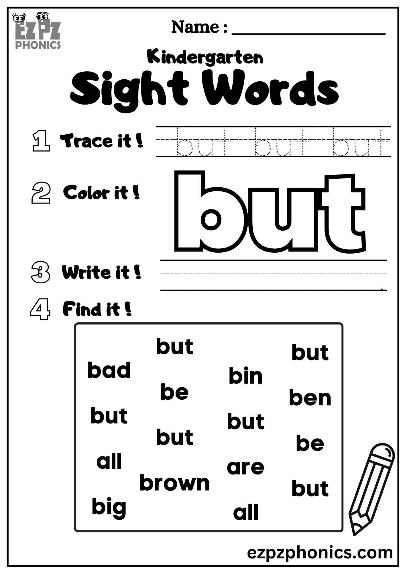 "But" Dolch Kindergarten Sight Word Trace, Color and Write Worksheet ...