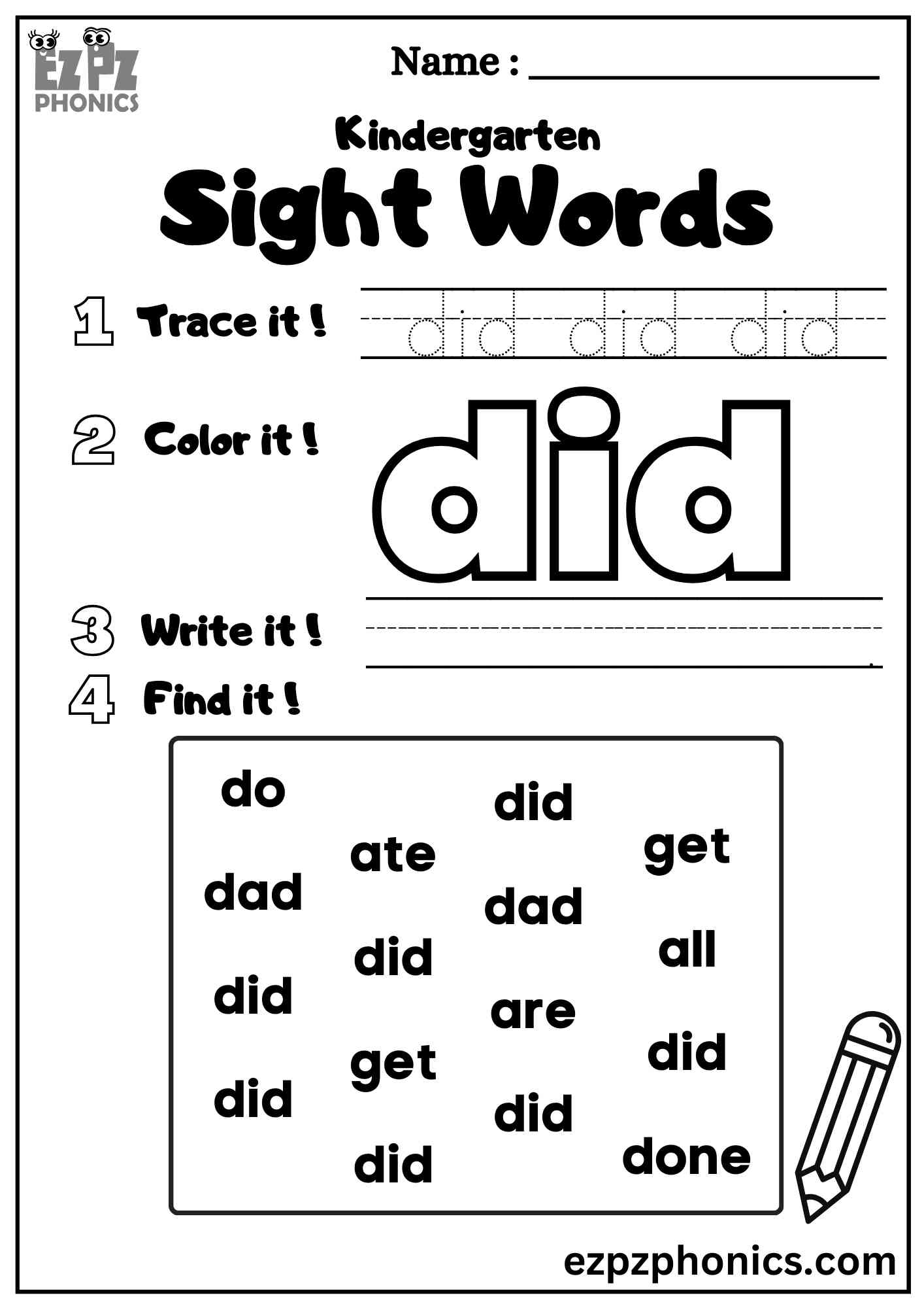 "Did" Dolch Kindergarten Sight Word Trace, Color and Write Worksheet ...