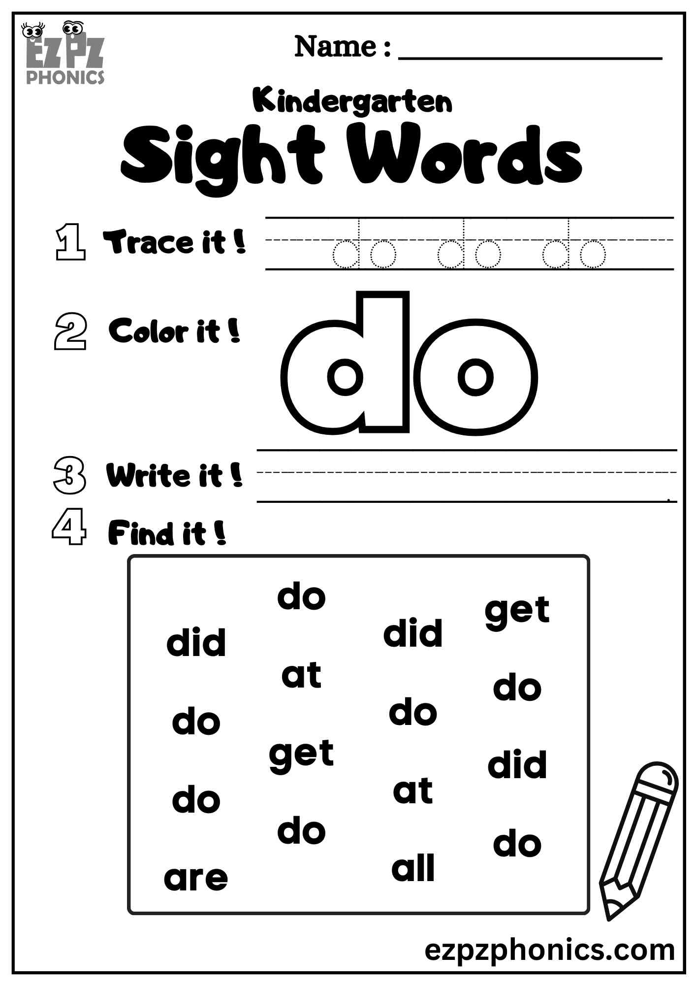 "Do" Dolch Kindergarten Sight Word Trace, Color and Write Worksheet PDF ...