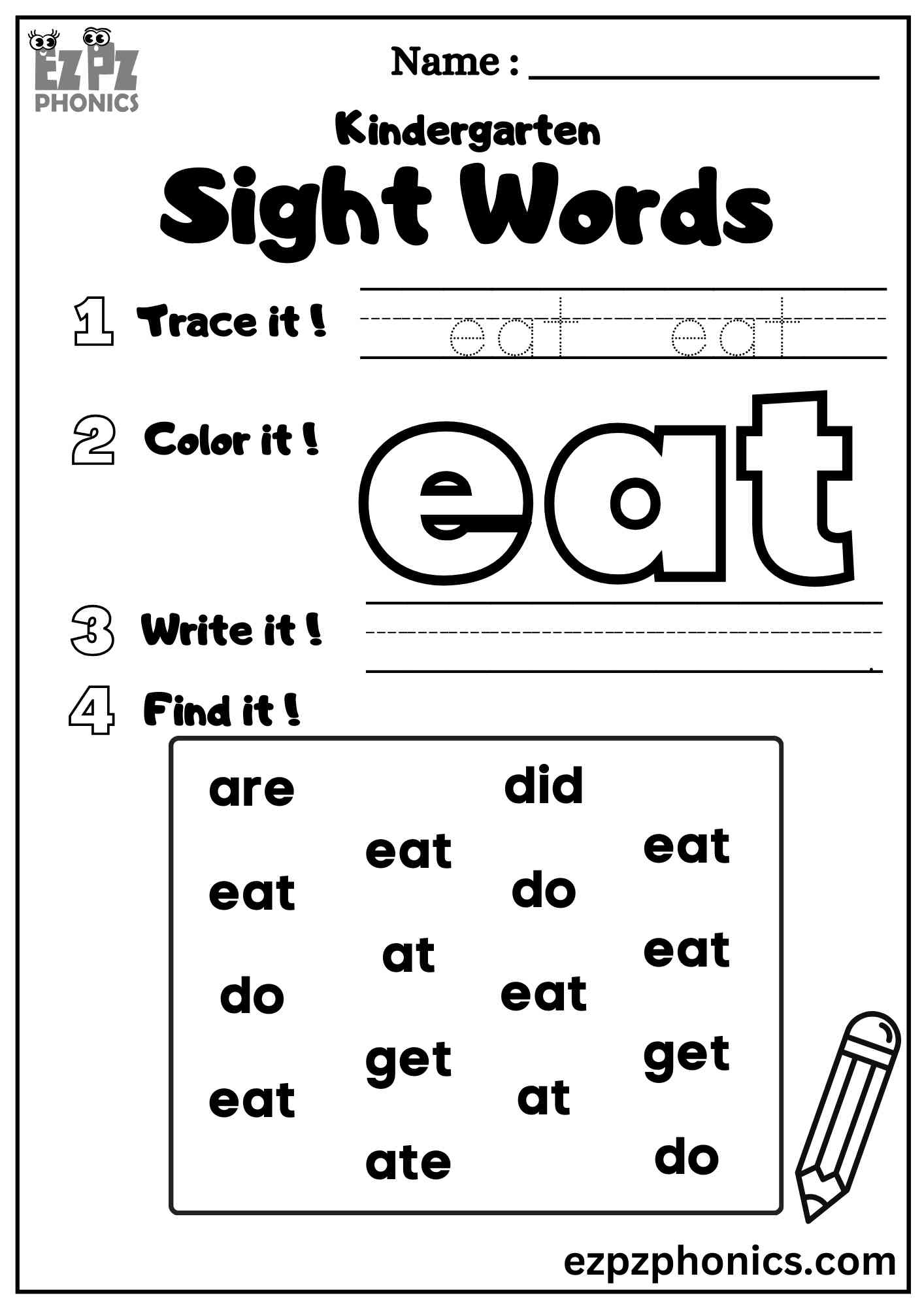 "Eat" Dolch Kindergarten Sight Word Trace, Color and Write Worksheet ...
