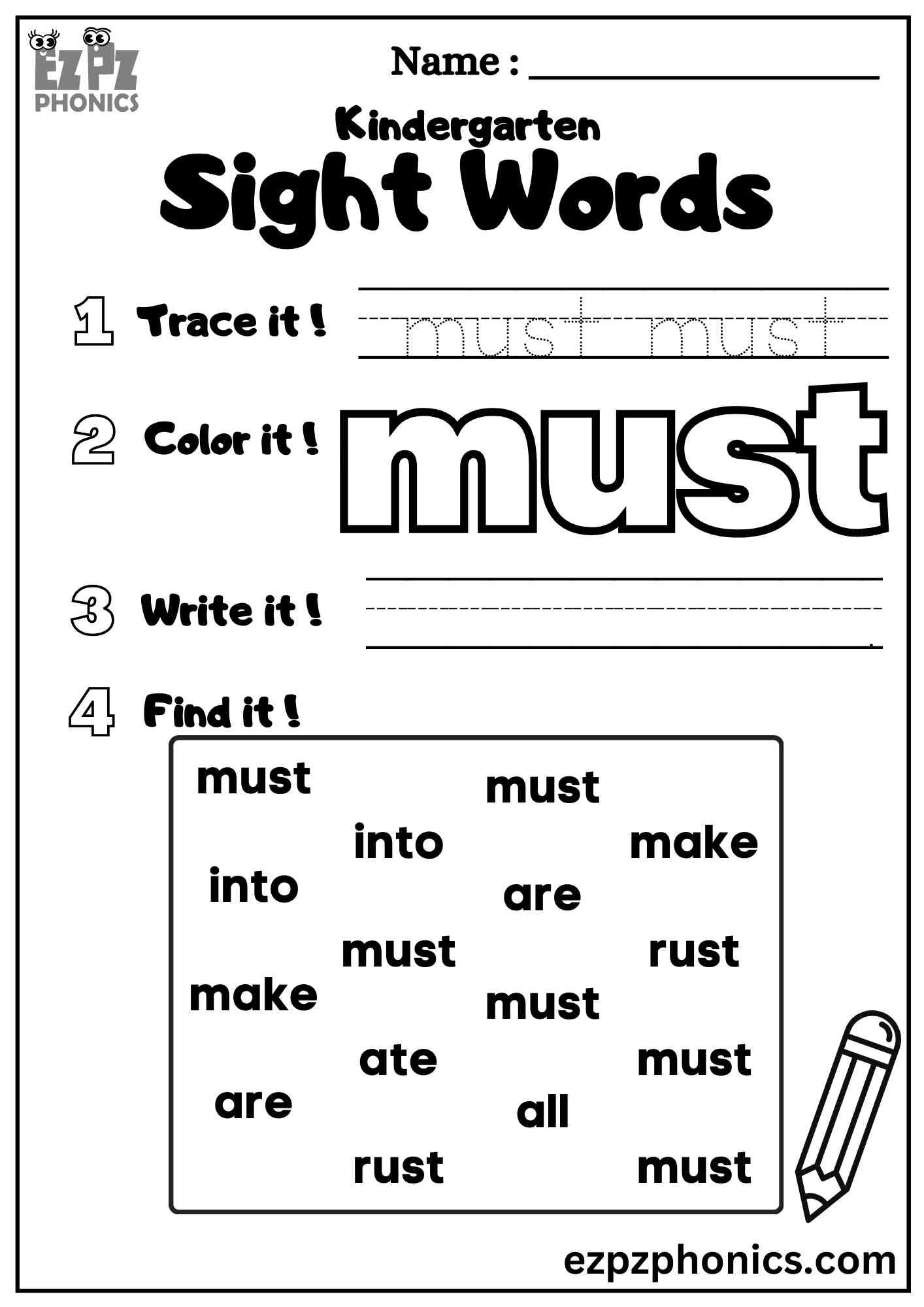 "Must" Dolch Kindergarten Sight Word Trace, Color and Write Worksheet ...