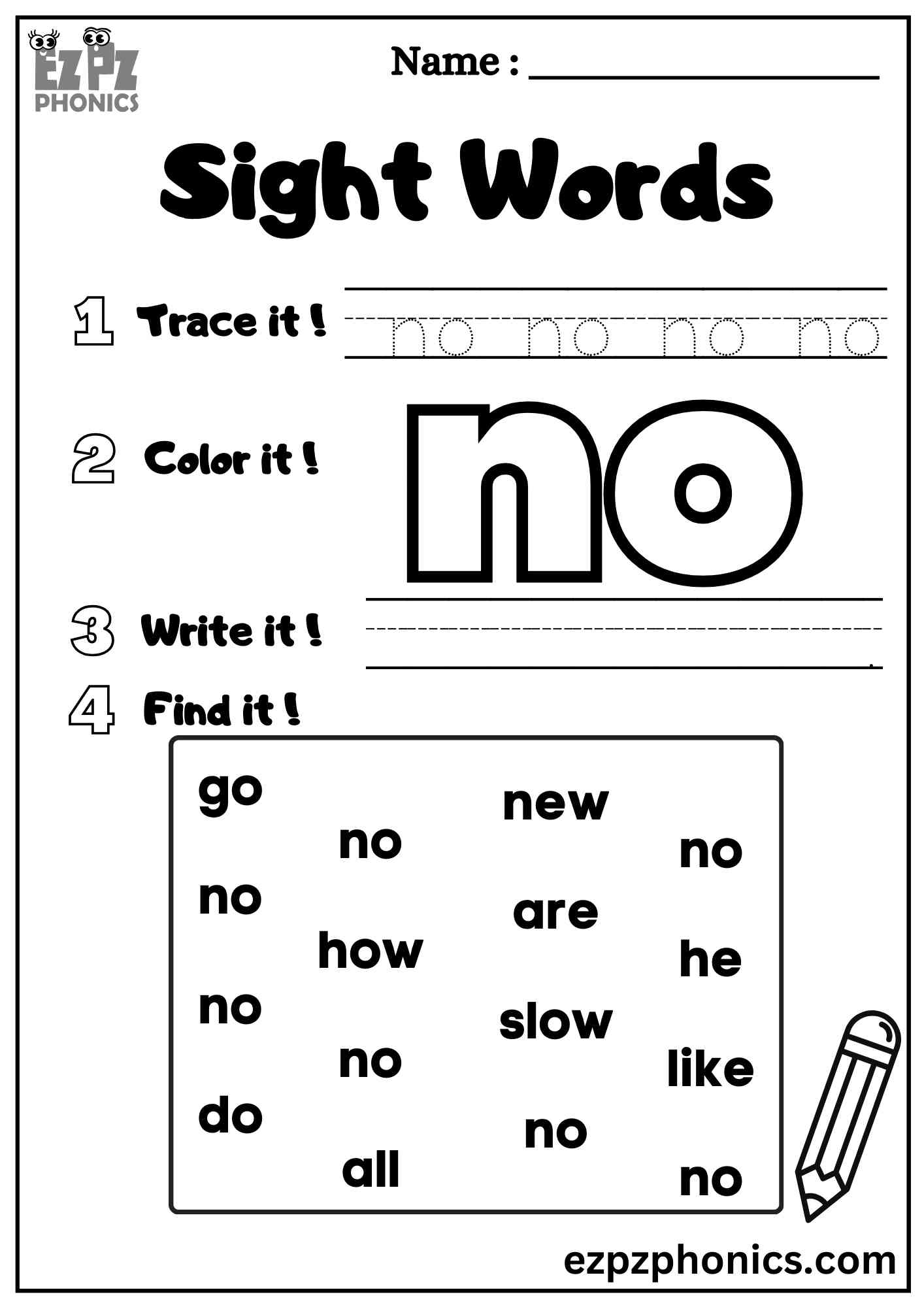 "No" Dolch Kindergarten Sight Word Trace, Color and Write Worksheet ...