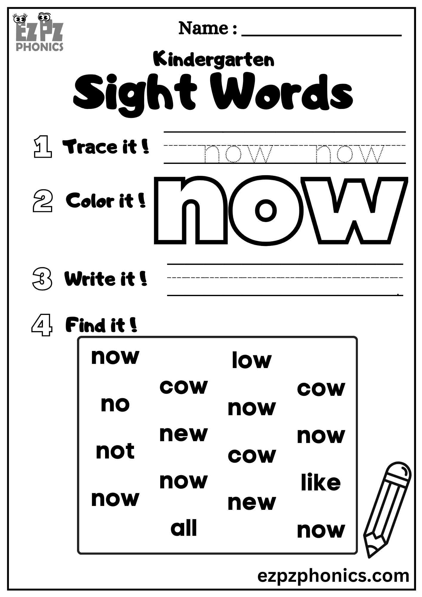 "Now" Dolch Kindergarten Sight Word Trace, Color and Write Worksheet ...