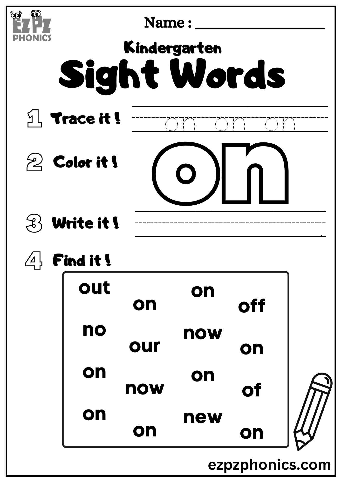 "On" Dolch Kindergarten Sight Word Trace, Color and Write Worksheet PDF ...