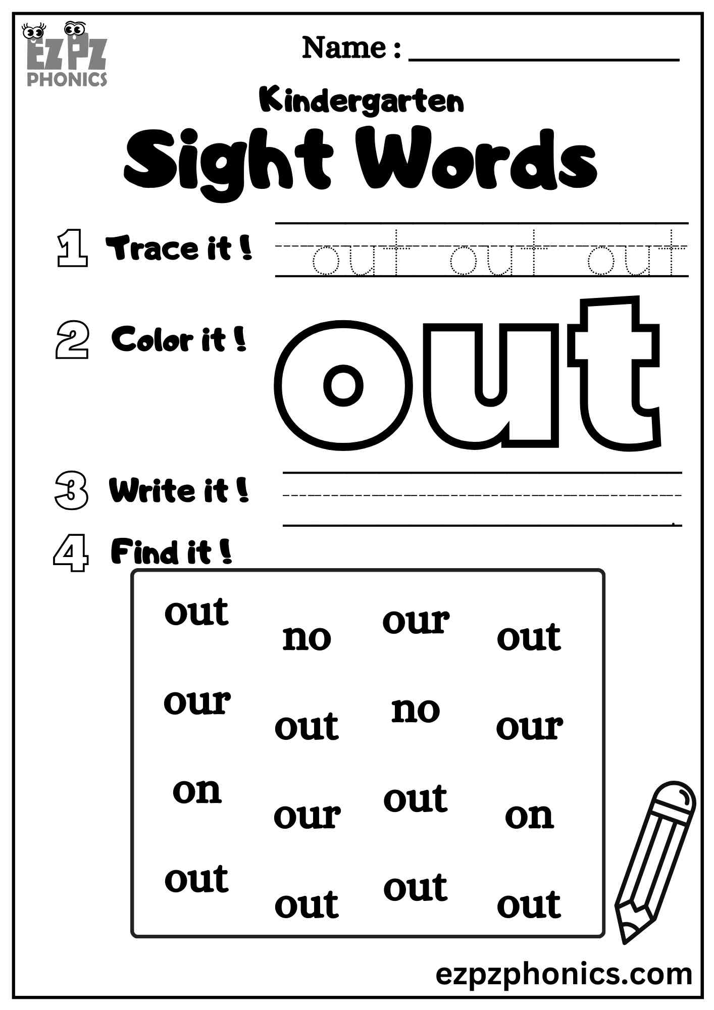 "Out" Dolch Kindergarten Sight Word Trace, Color and Write Worksheet ...