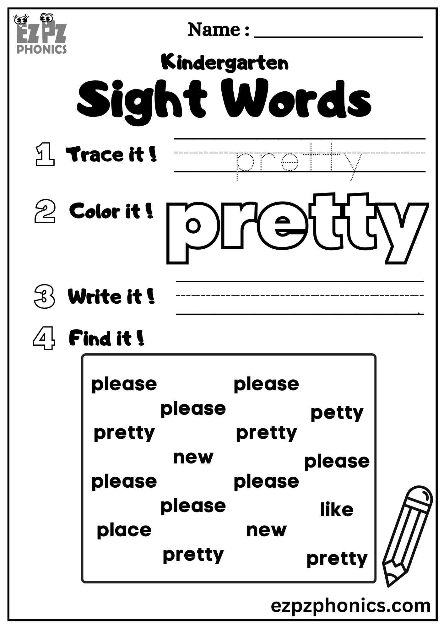 "Pretty" Dolch Sight Word Worksheet for Early Learners - ezpzphonics.com