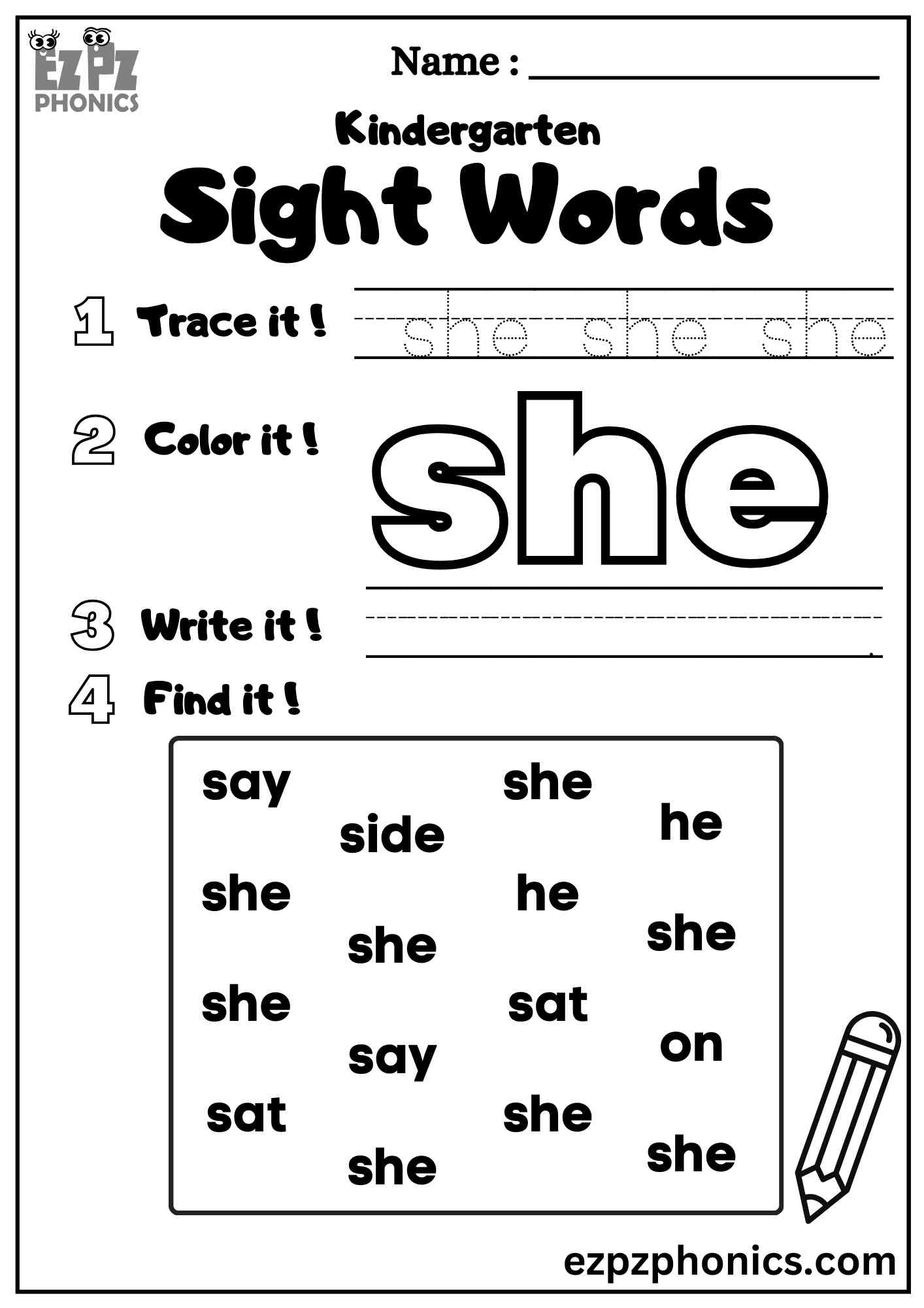 "She" Dolch Sight Word Worksheet for Early Learners Easy PDF Download ...