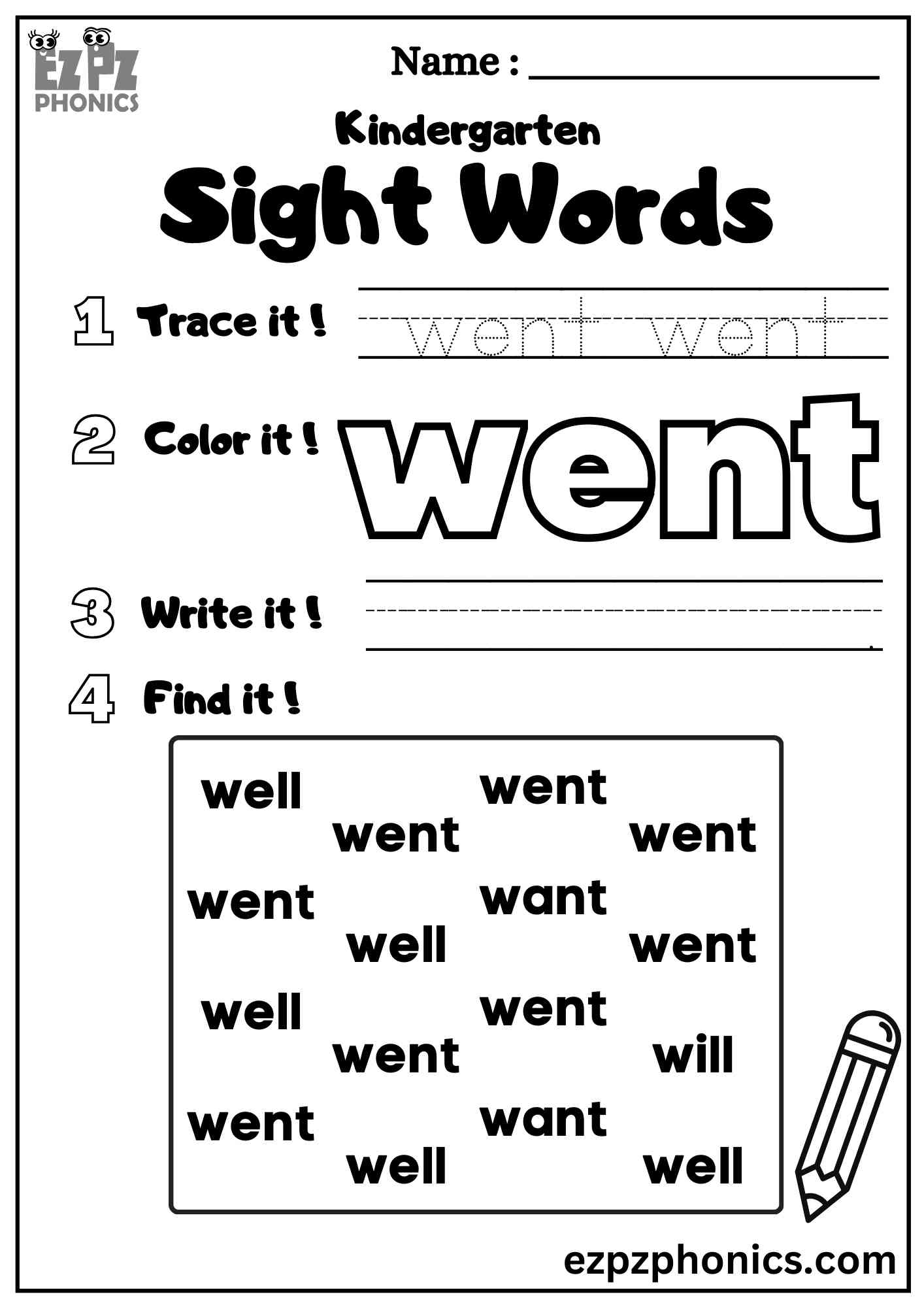 "Went" Dolch Sight Word Worksheet for Early Learners PDF Download ...