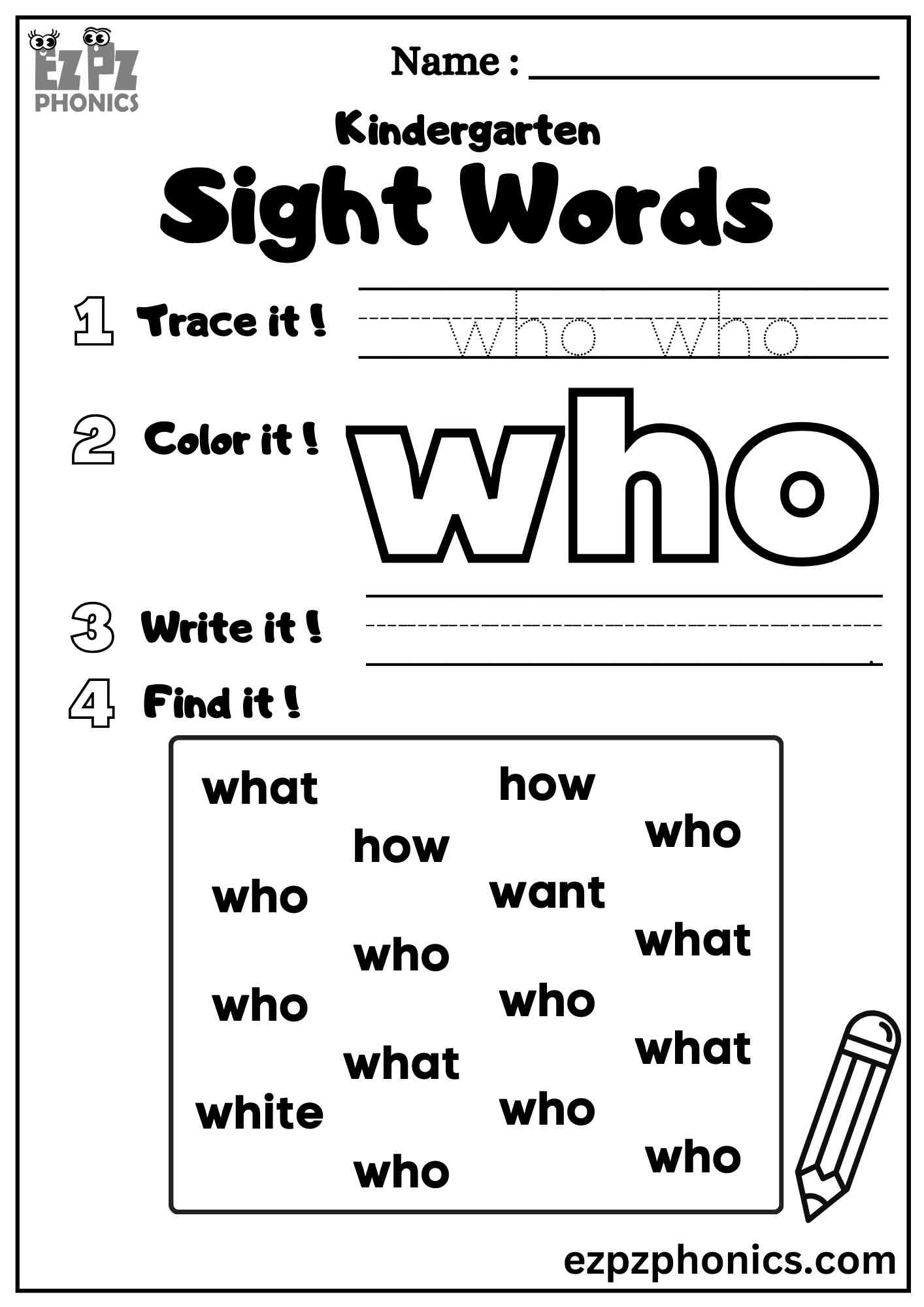 "Who" Dolch Sight Word Worksheet for Early Learners PDF Download ...
