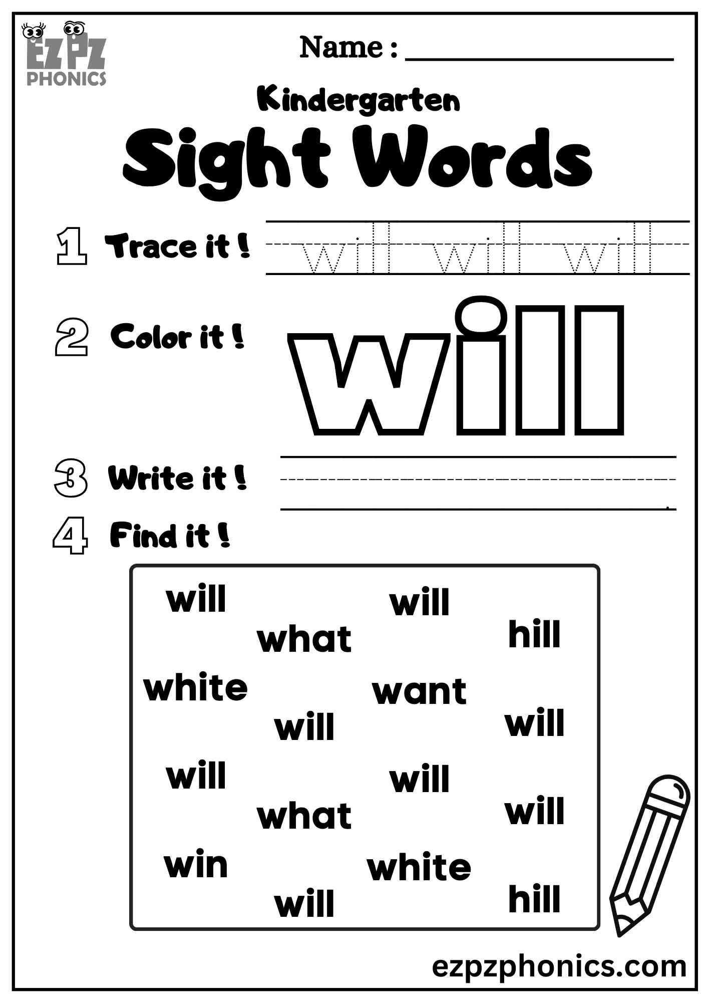 "Will" Dolch Sight Word Worksheet for Early Learners PDF Download ...