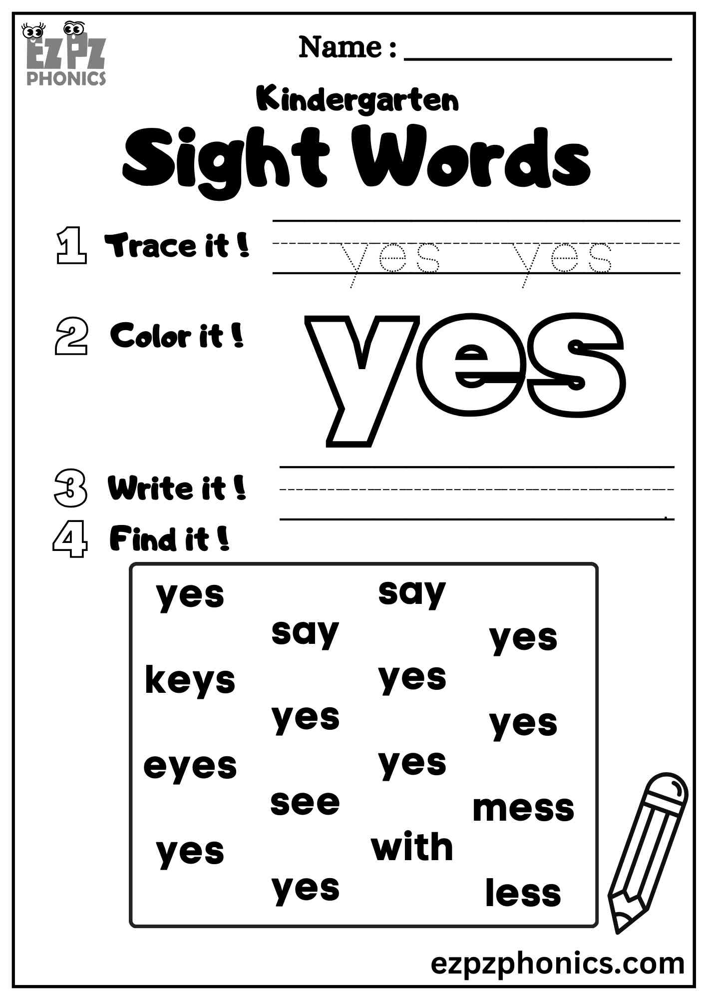 "Yes" Dolch Sight Word Worksheet for Early Learners PDF Download ...