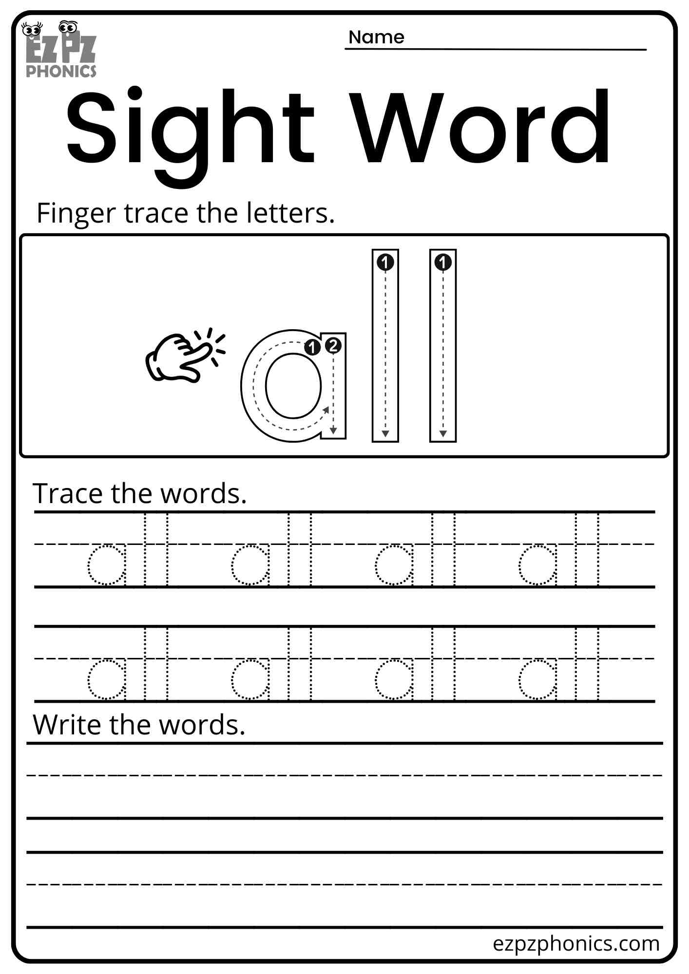 "All" Dolch Kindergarten Sight Word Trace and Write Worksheet PDF ...
