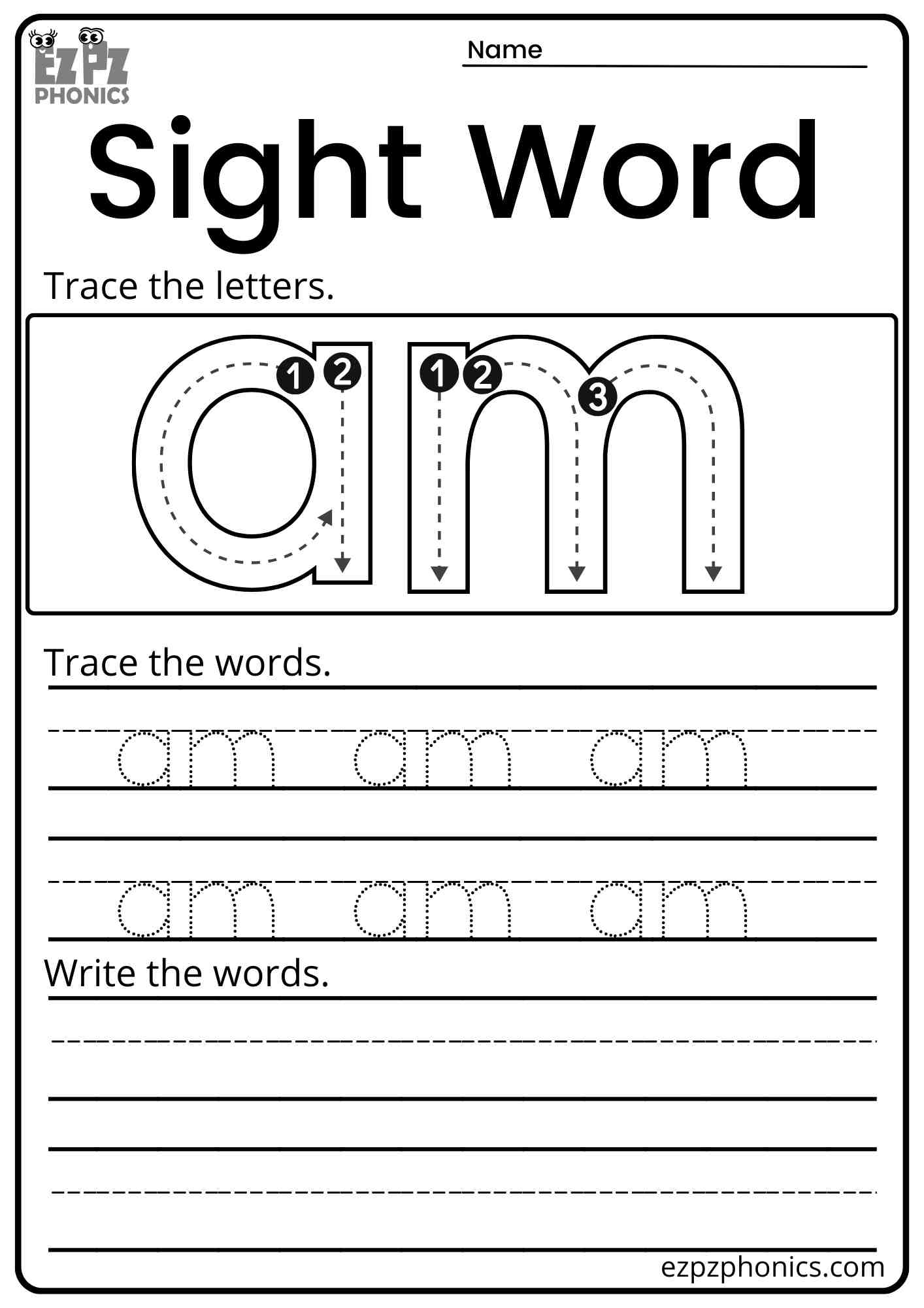 "Am" Dolch Kindergarten Sight Word Trace and Write Worksheet PDF ...