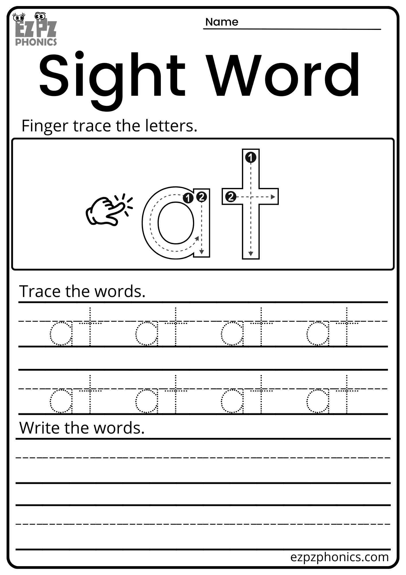 "At" Dolch Kindergarten Sight Word Trace and Write Worksheet PDF ...