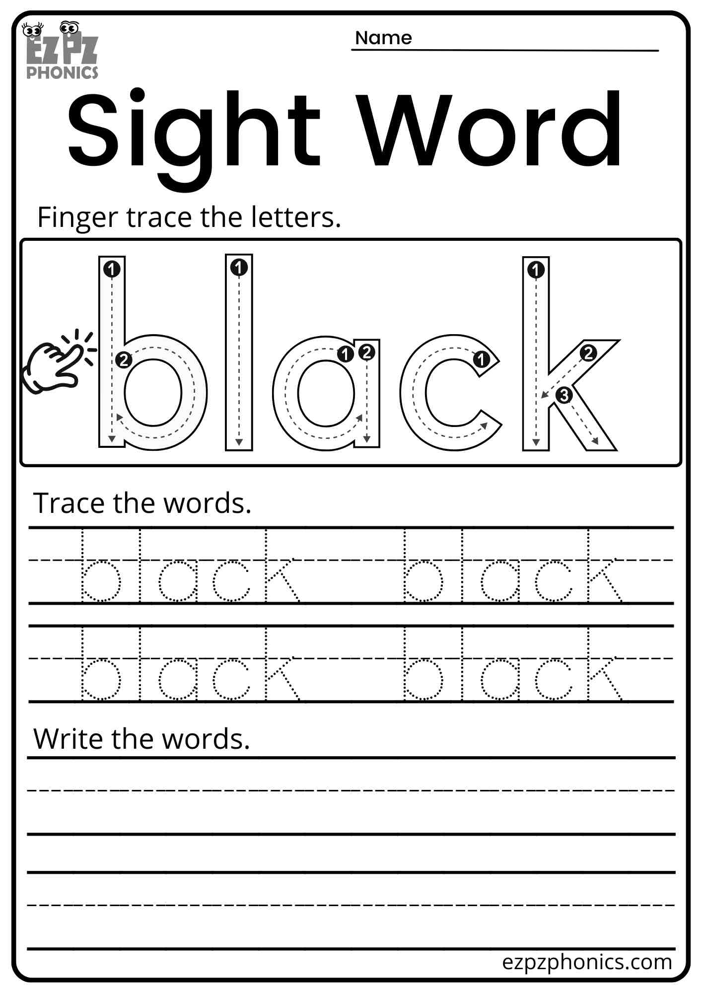"Black" Dolch Kindergarten Sight Word Trace and Write Worksheet PDF ...