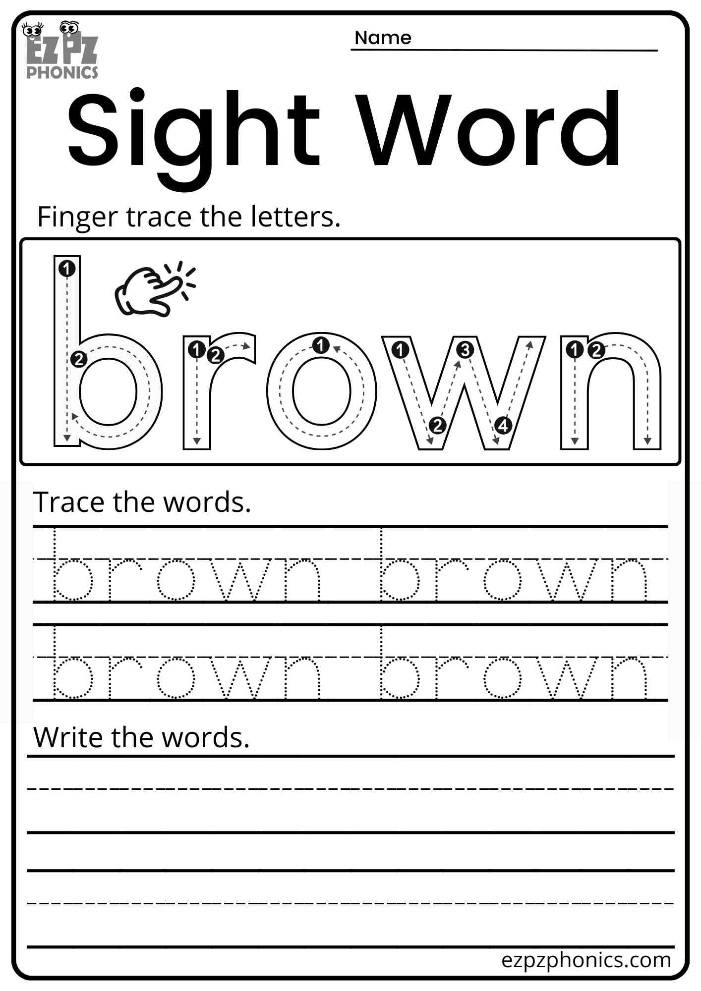 "Brown" Dolch Kindergarten Sight Word Trace and Write Worksheet PDF ...