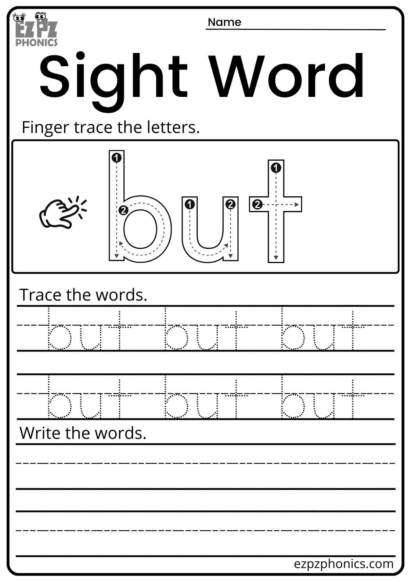 "But" Dolch Kindergarten Sight Word Trace and Write Worksheet PDF ...