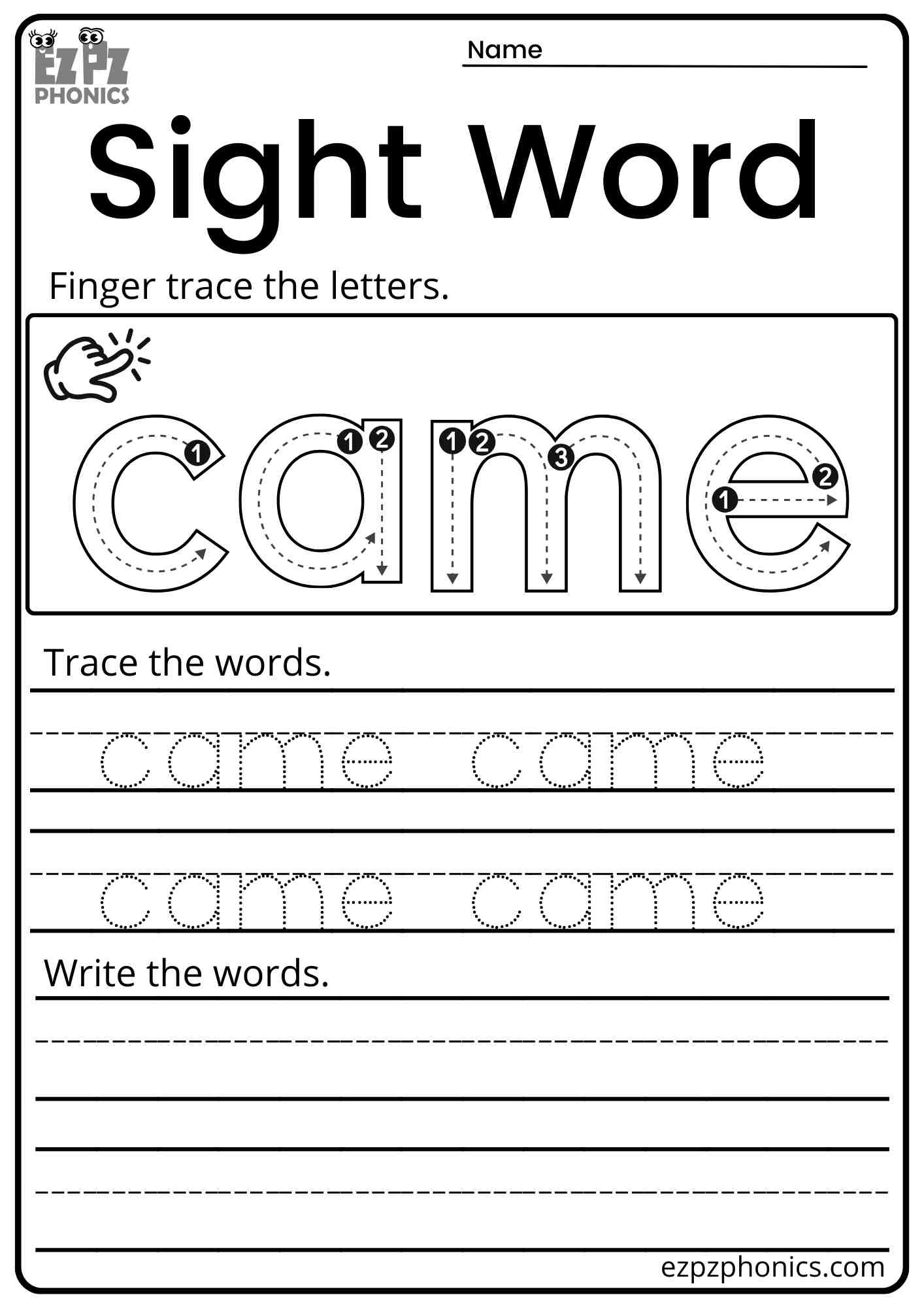 "Came" Dolch Kindergarten Sight Word Trace and Write Worksheet PDF ...