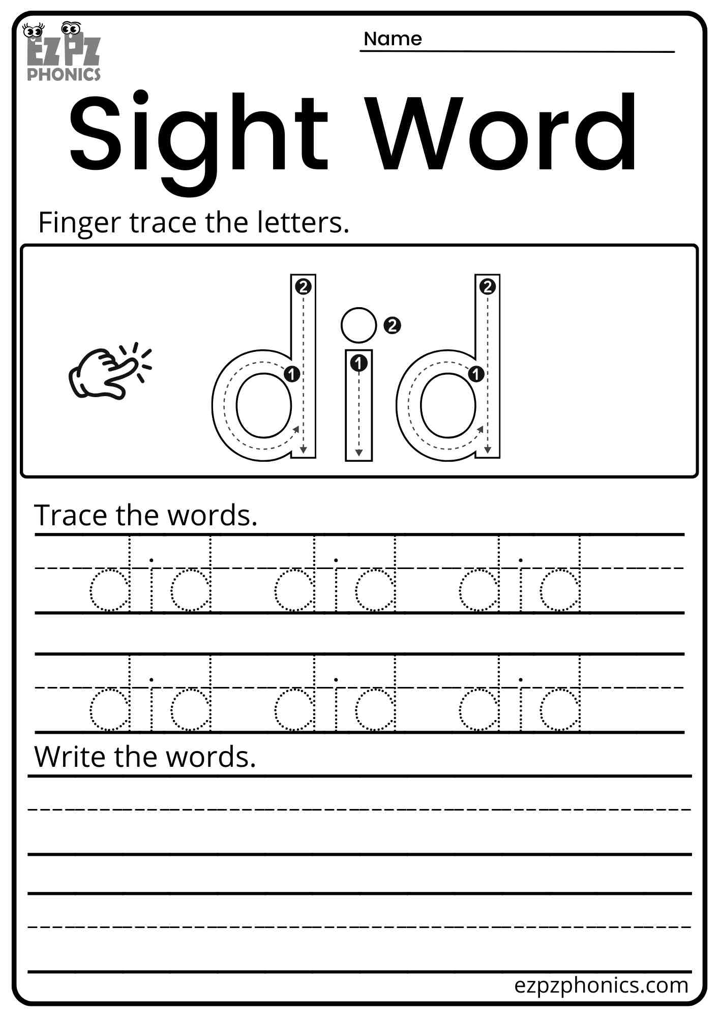 "Did" Dolch Kindergarten Sight Word Trace and Write Worksheet PDF ...