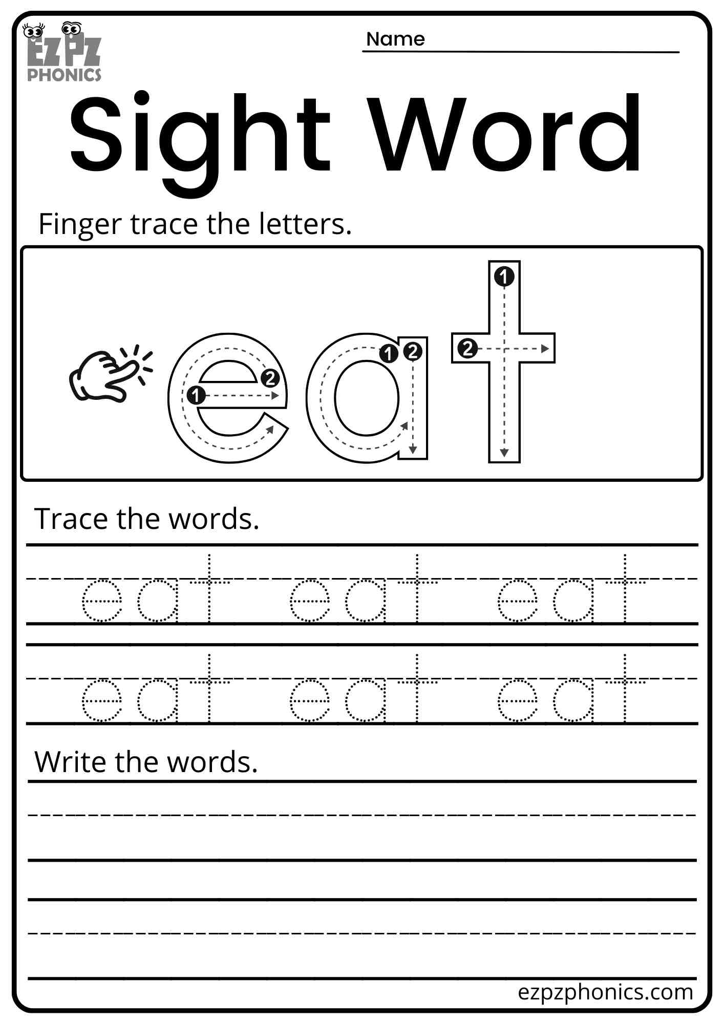 "Eat" Dolch Kindergarten Sight Word Trace and Write Worksheet PDF ...