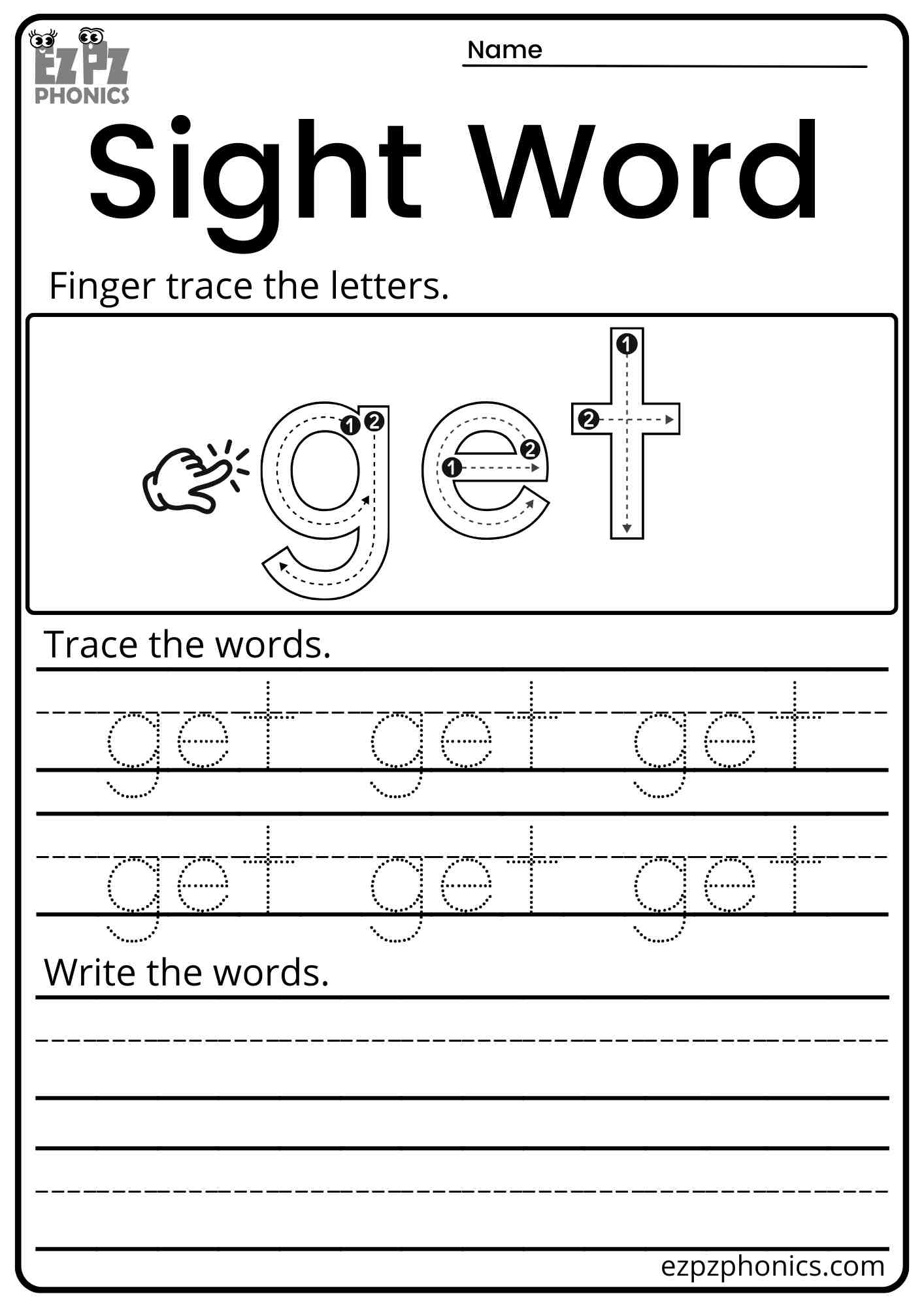 "Get" Dolch Kindergarten Trace and Write the Word Sight Word Worksheet ...