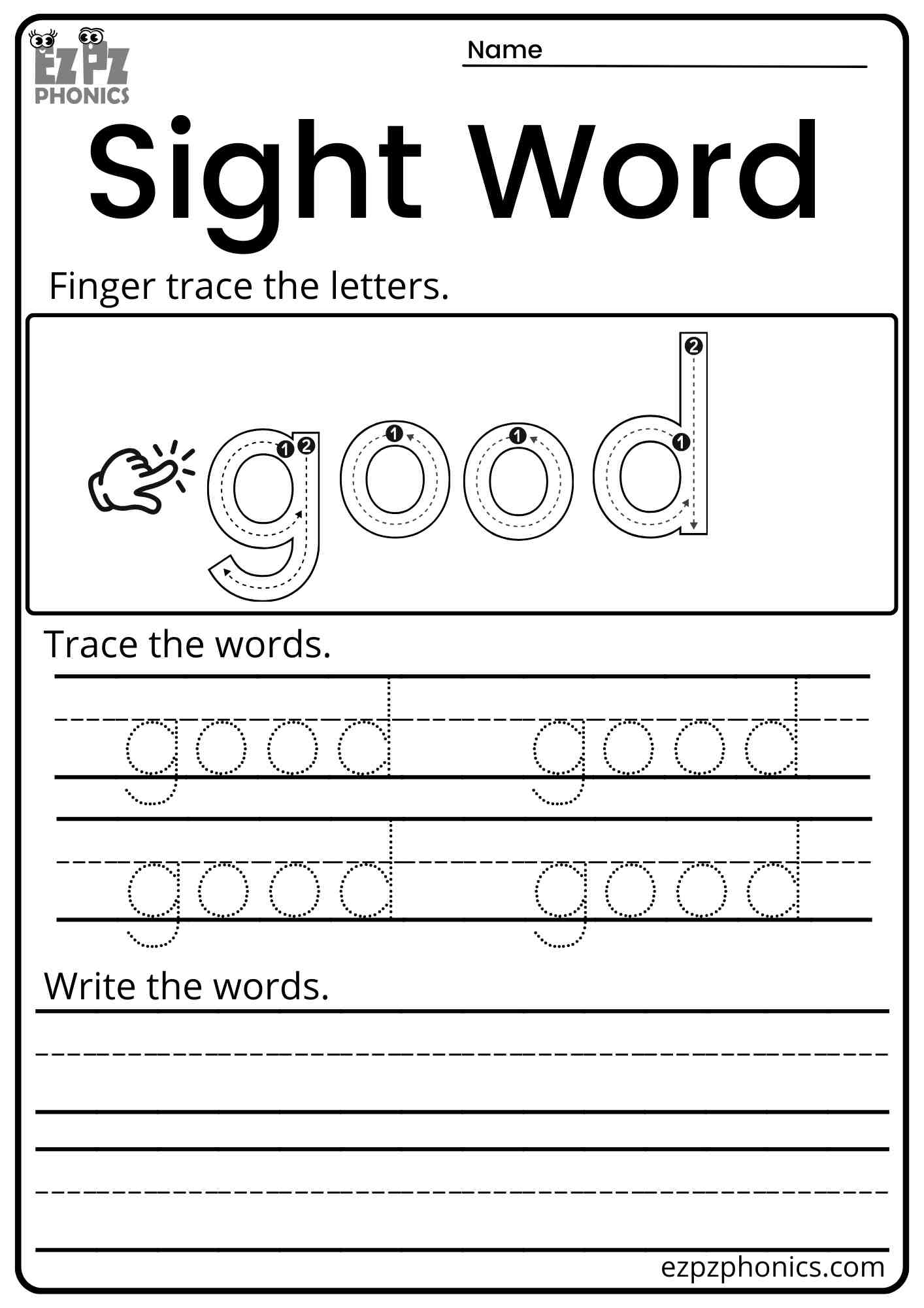 "Good" Dolch Kindergarten Trace and Write the Word Sight Word Worksheet ...