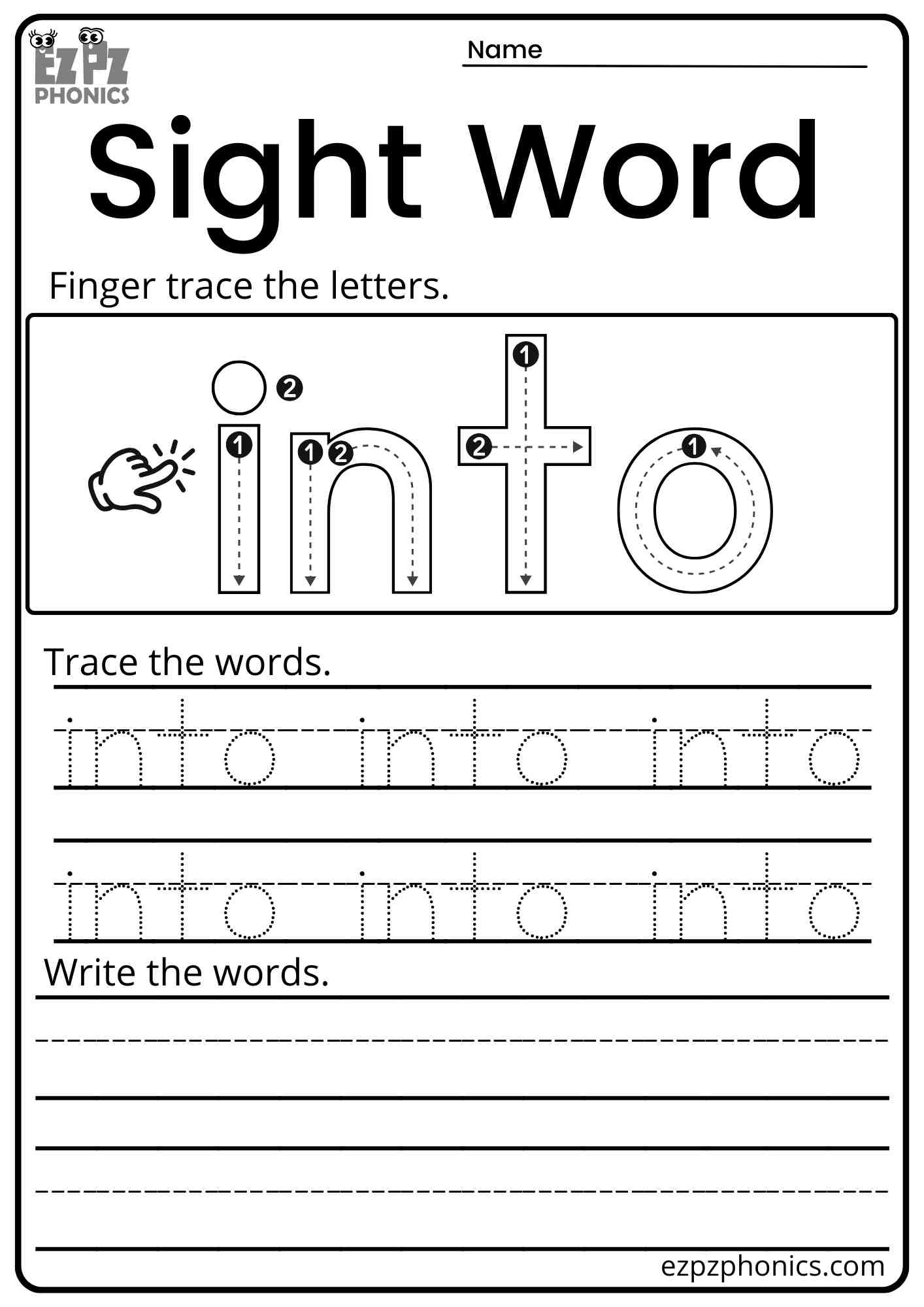 "Into" Dolch Kindergarten Trace and Write the Word Sight Word Worksheet ...