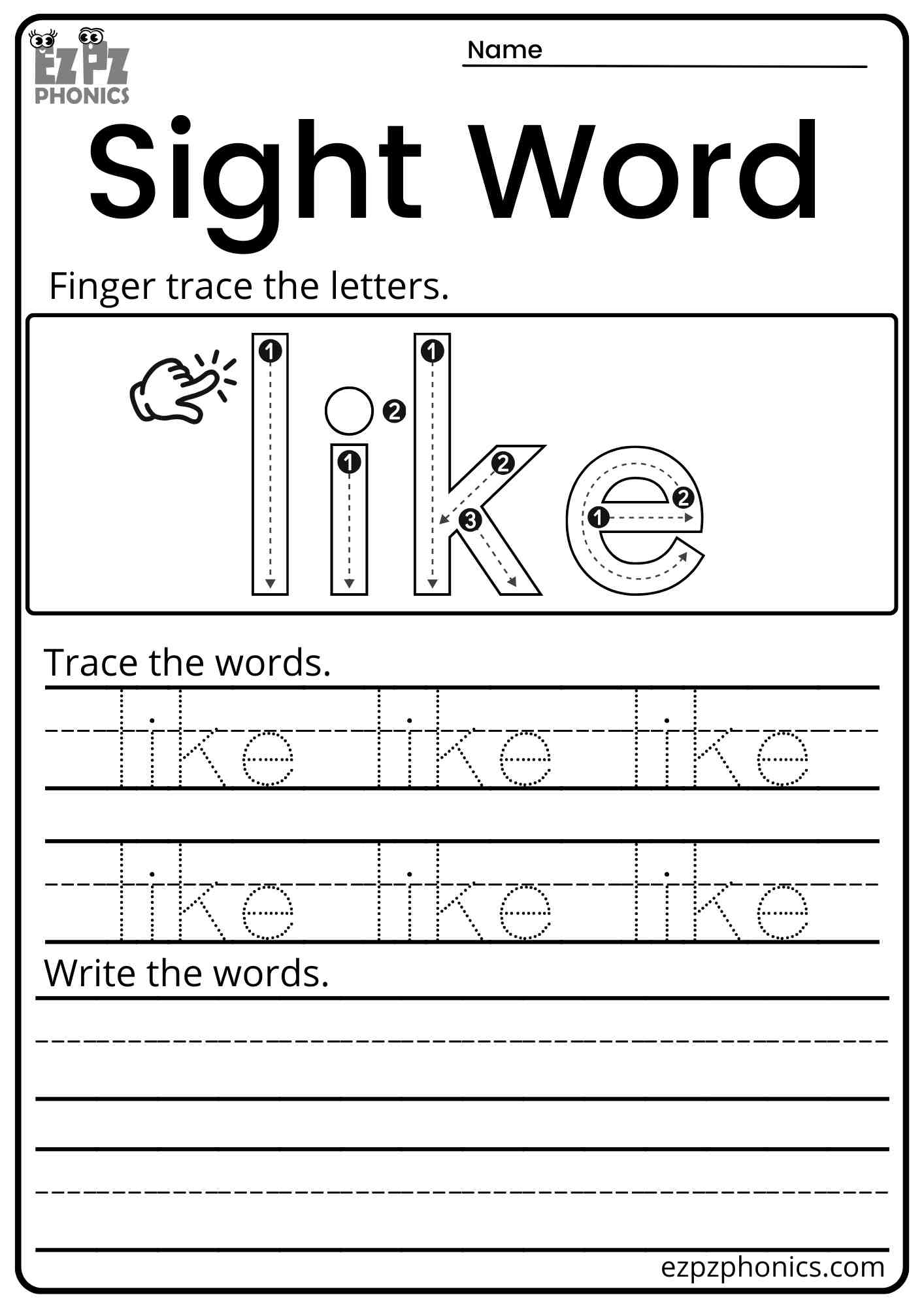 "Like" Dolch Kindergarten Trace and Write the Word Sight Word Worksheet ...