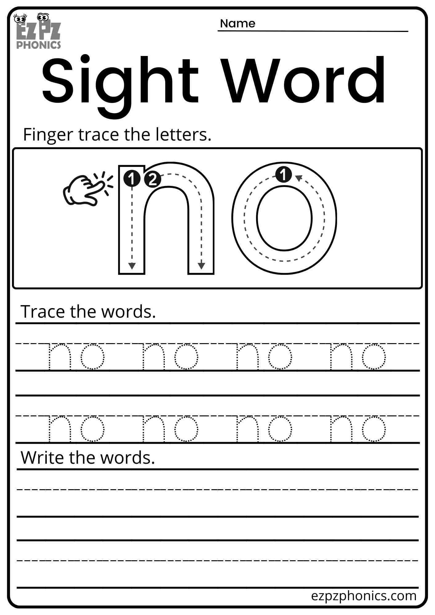 "No" Dolch Kindergarten Trace and Write the Word Sight Word Worksheet ...