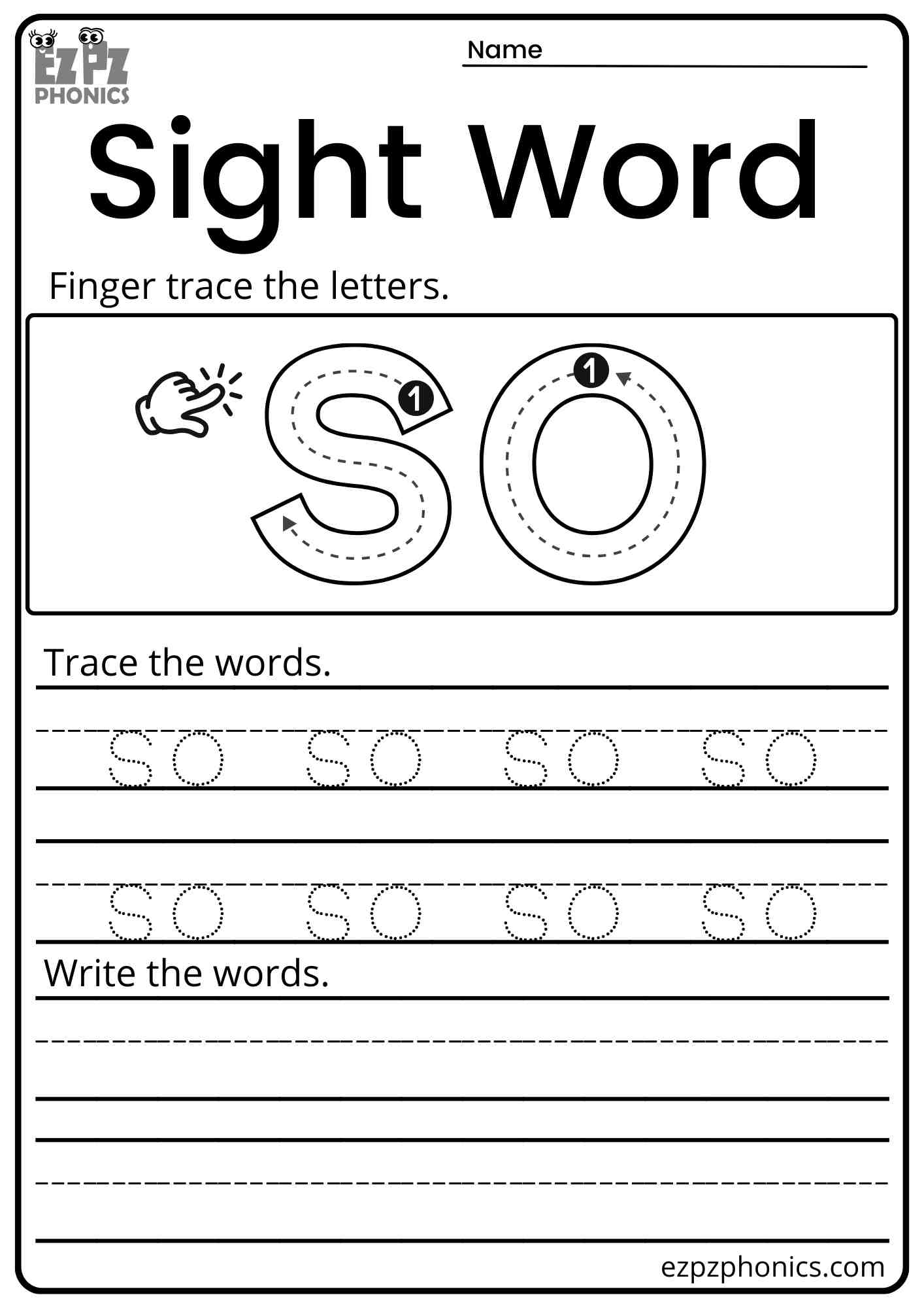 "So" Dolch Kindergarten Sight Word Worksheet Trace and Write the Words ...