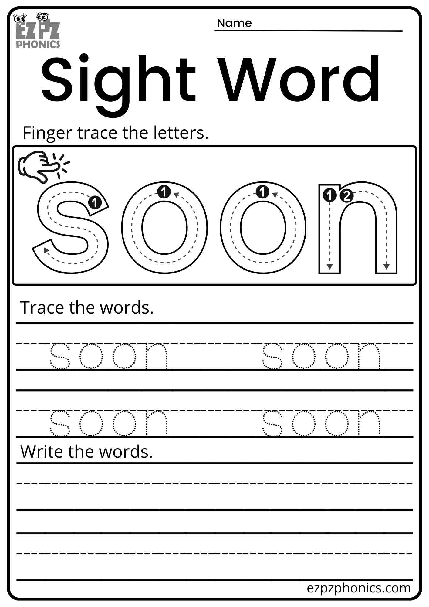 "Soon" Dolch Kindergarten Sight Word Worksheet Trace and Write the ...