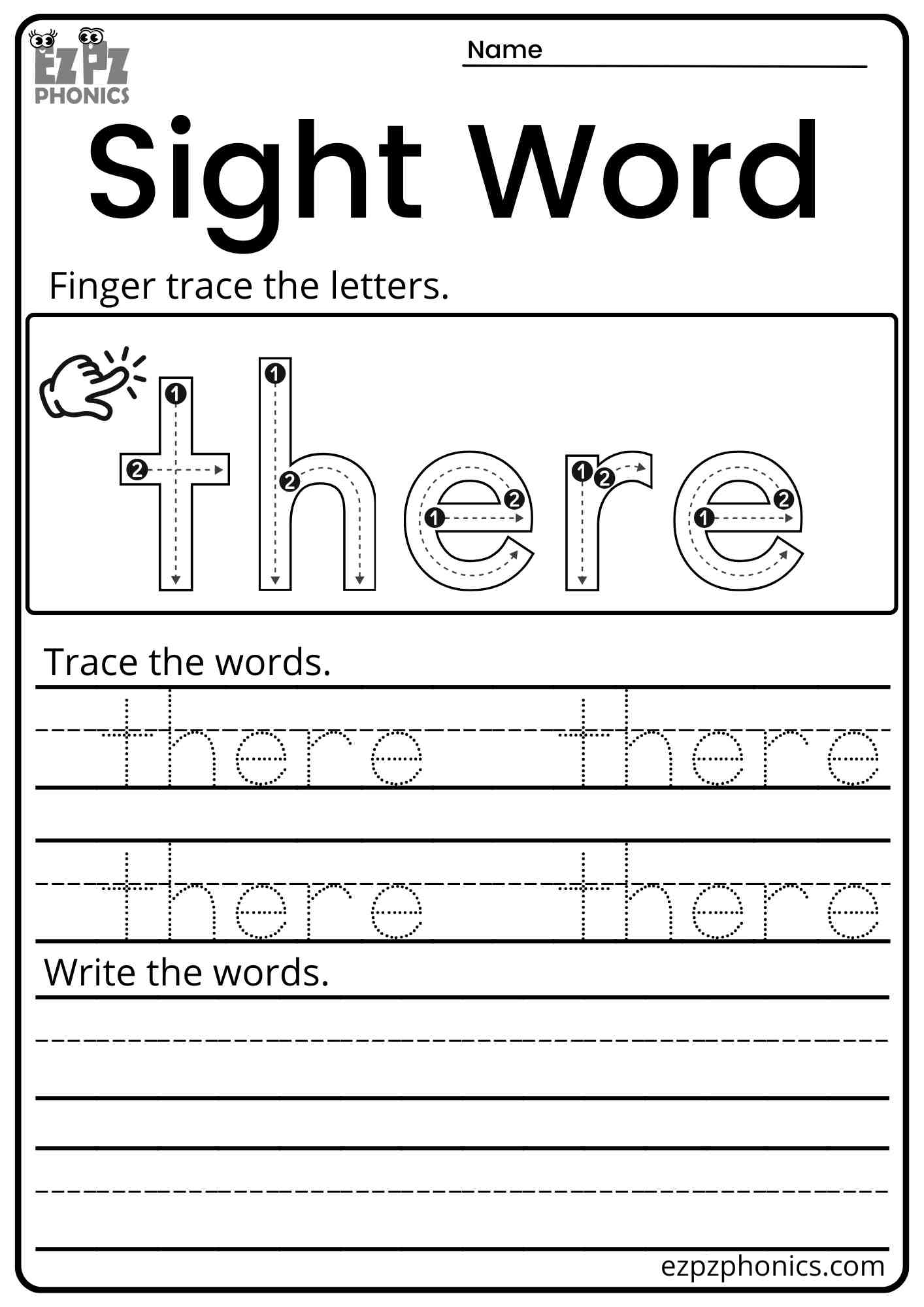 "There" Dolch Kindergarten Sight Word Worksheet Trace and Write the ...